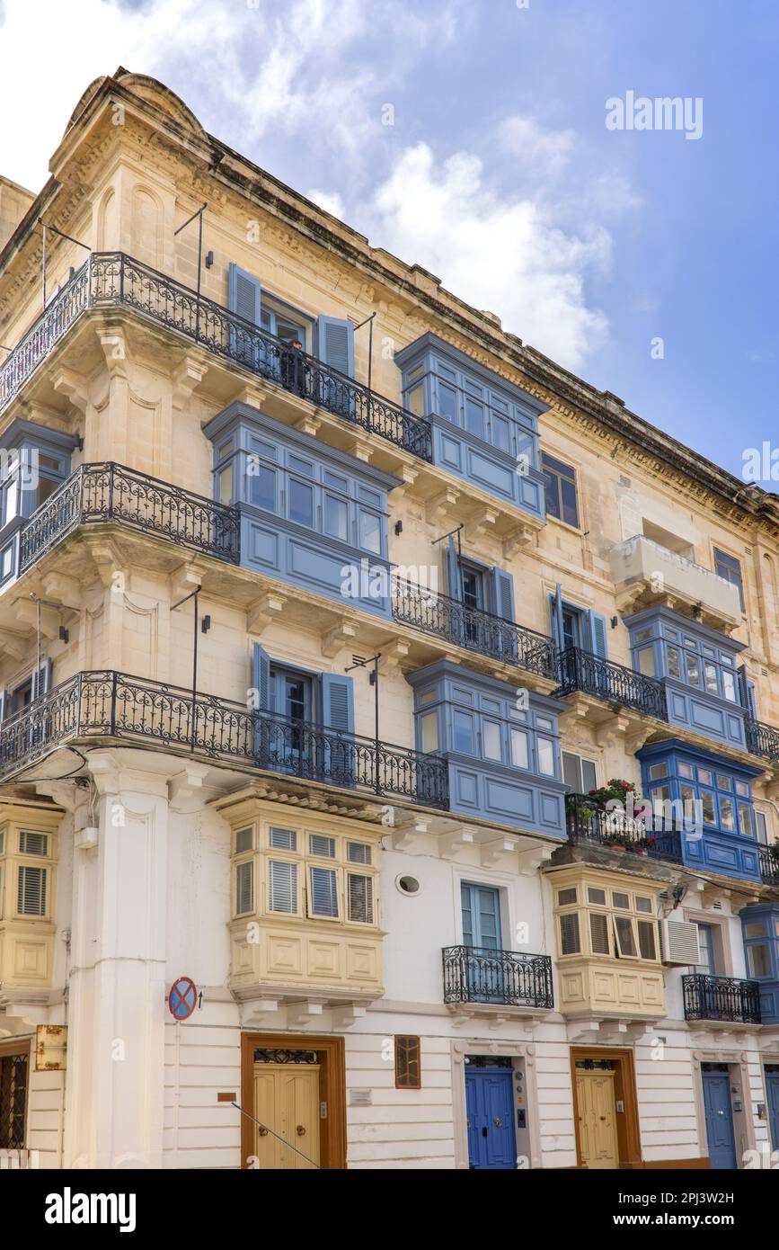 fine old buildings with blue balconies in valletta malta Stock Photo ...