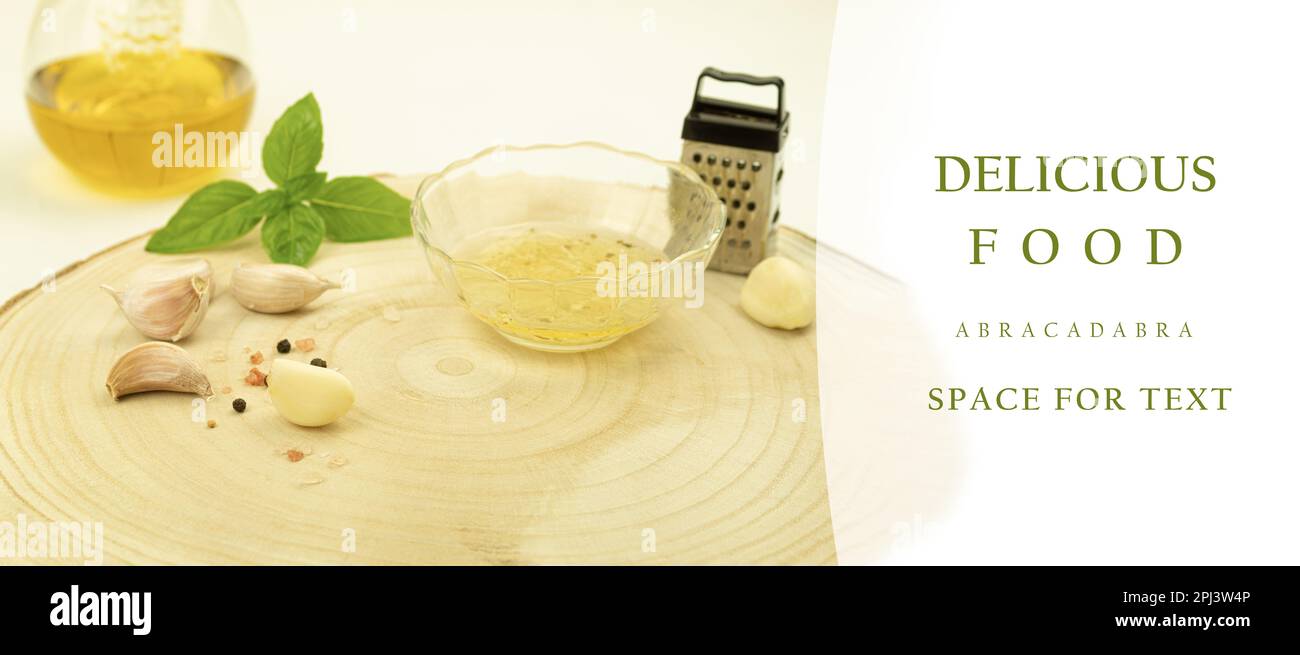 Fresh garlic and spices, sauce preparation process. Background with ...