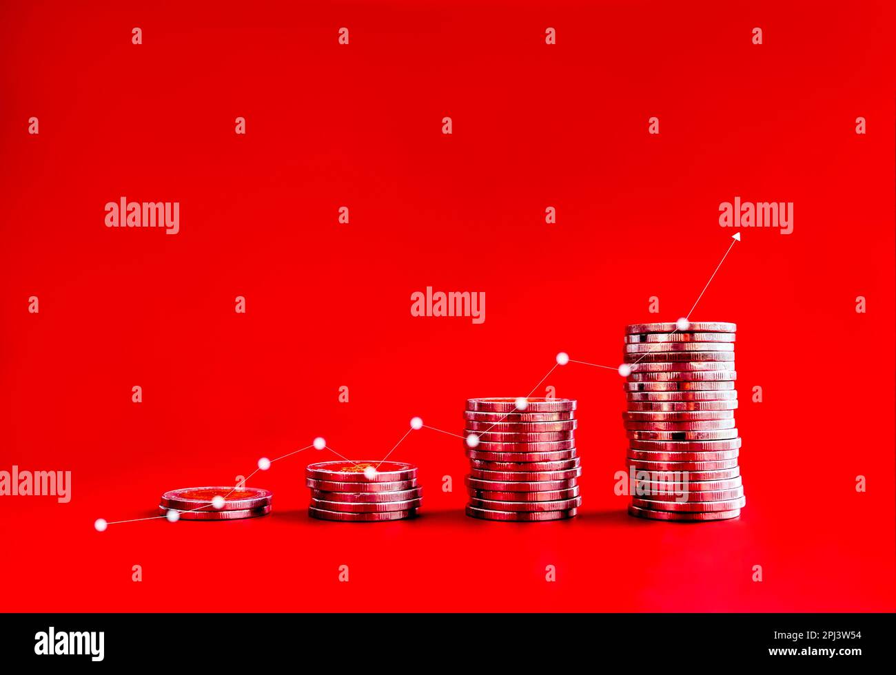 Line graph growth on coin stacks as graph chart steps isolated on red ...