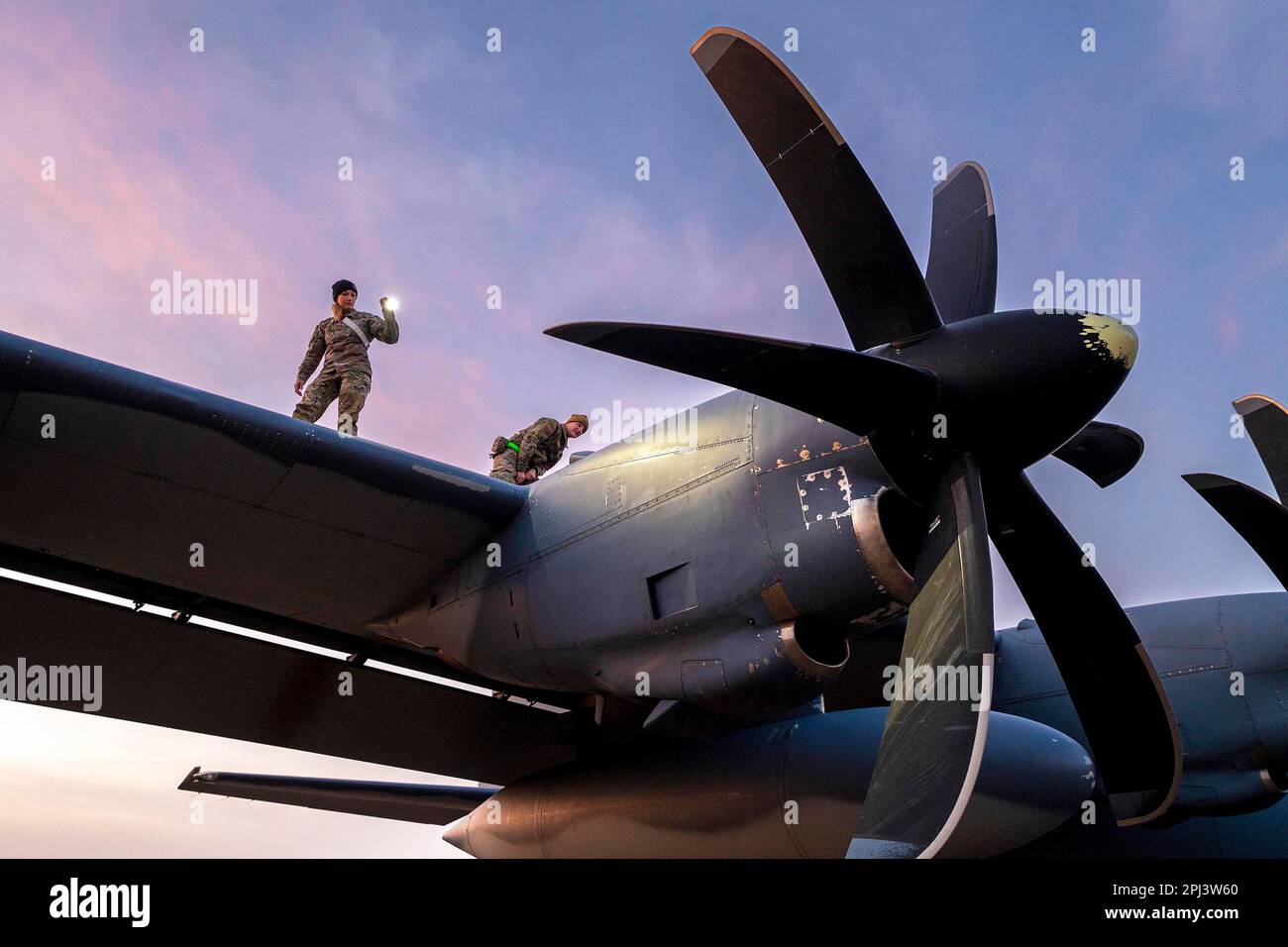 South Korea. 13th Mar, 2023. Airmen inspect the propellers of an Air ...