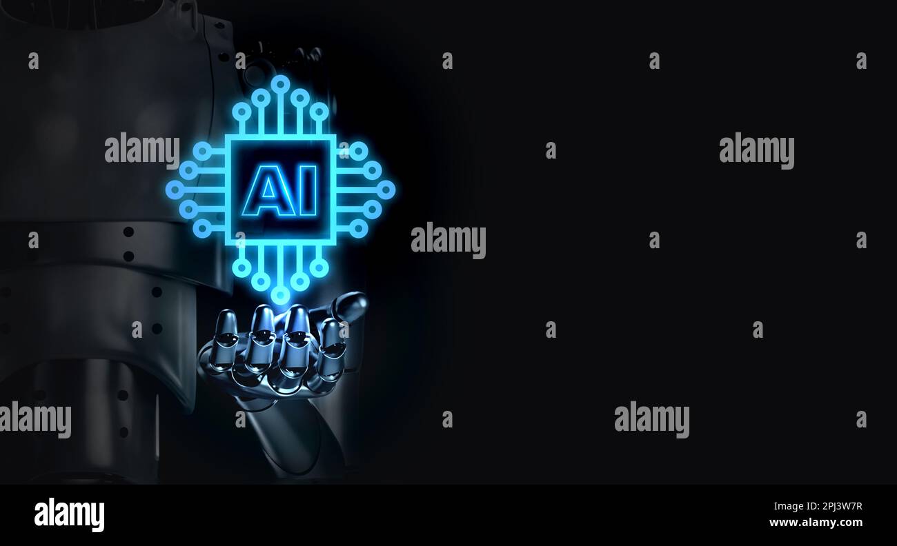 Glowing AI digital computer chip touching by 3d rendering robot hand on dark background with ...