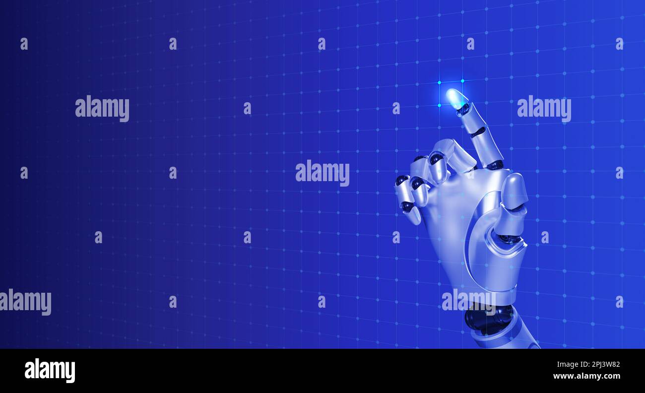 3d rendering smart humanoid robot's hand touching finger on square ...