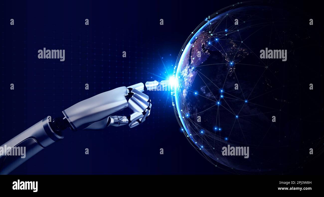 3d rendering humanoid robot's hand touching on virtual reality world ...