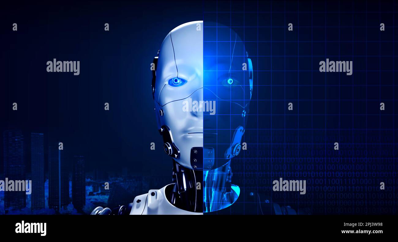 Reality robot face on cityscape and a half transparent face, front view ...