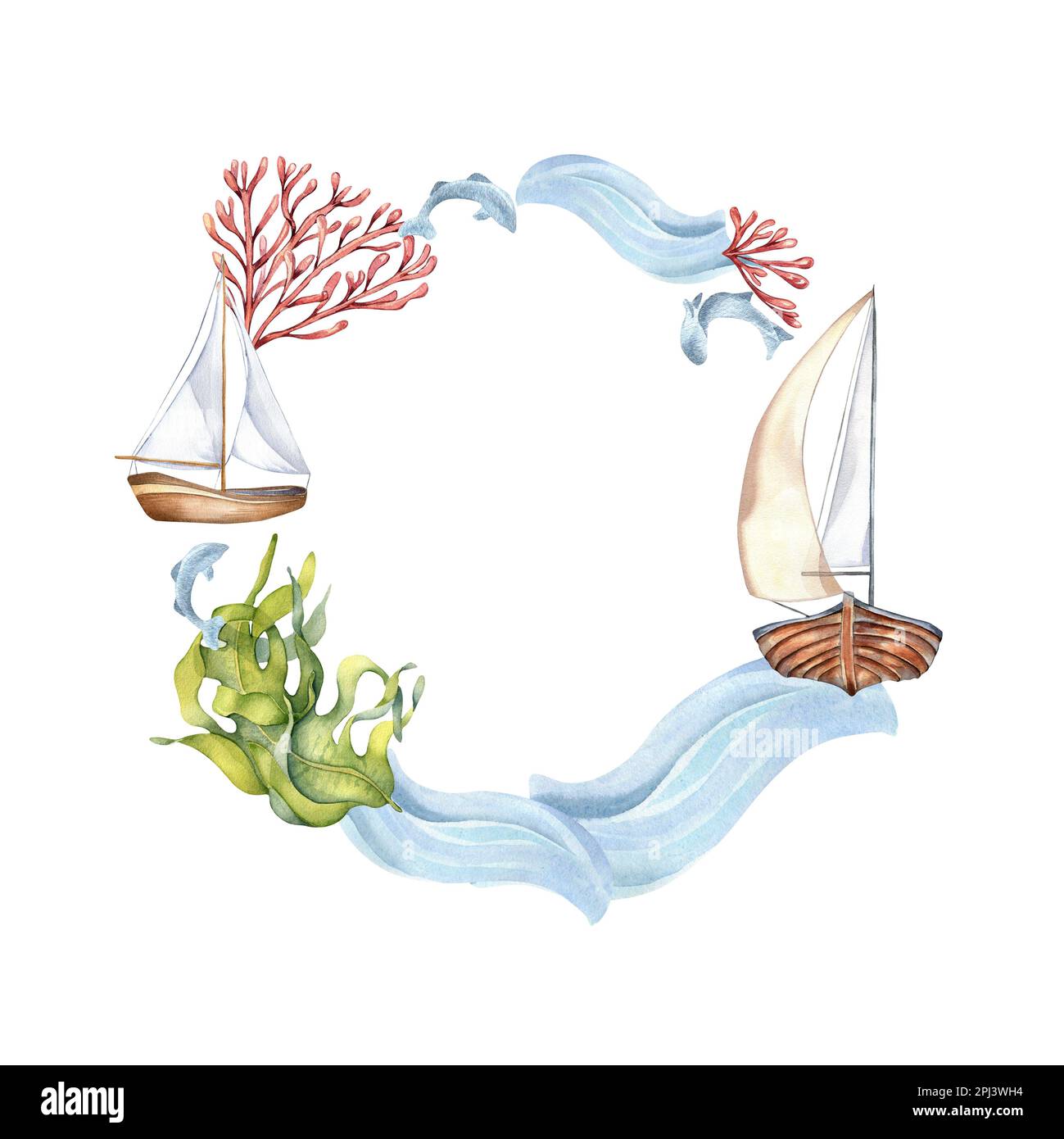 Frame of sailing ship vintage style watercolor illustration isolated on ...