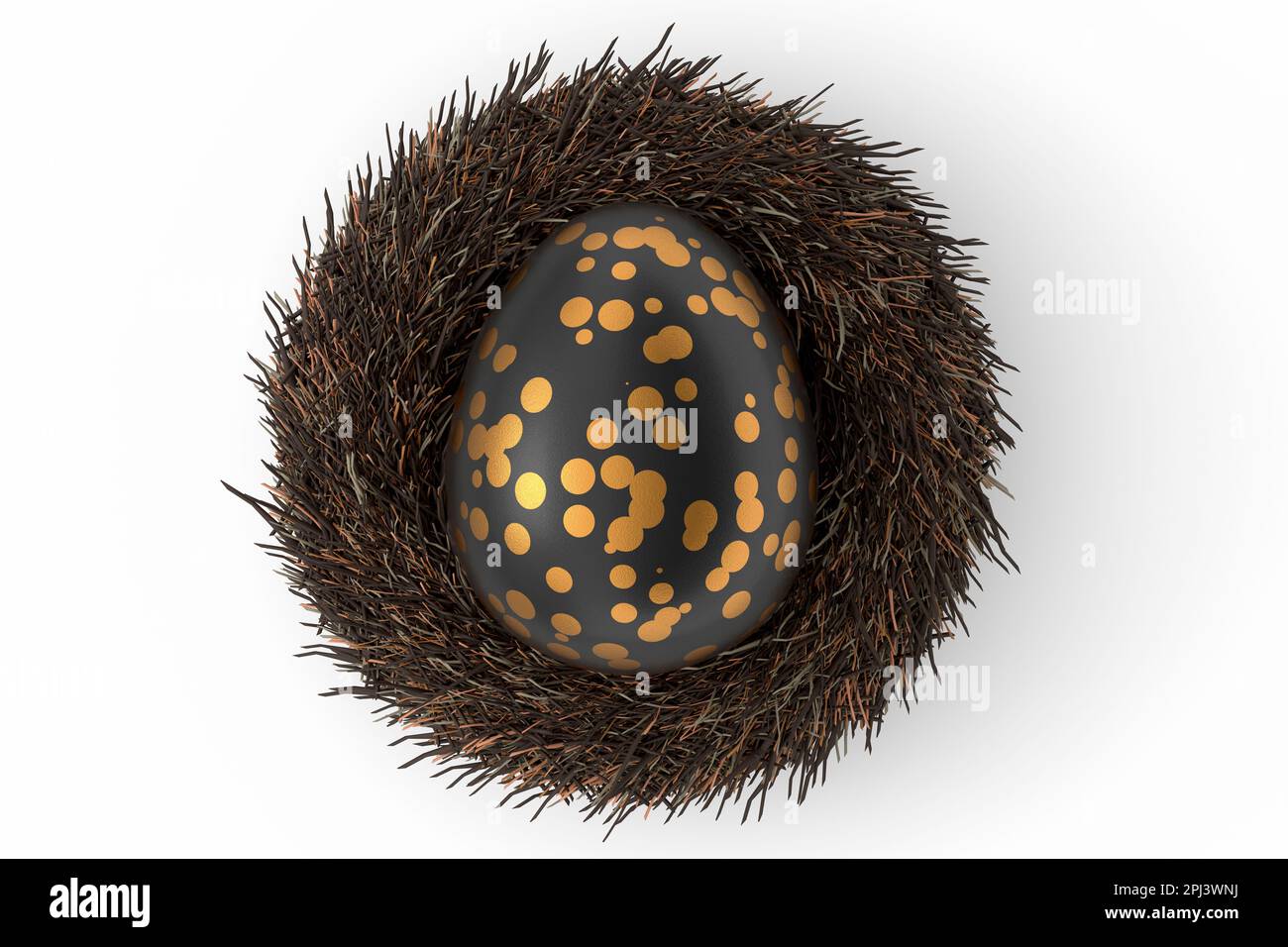 Golden and black Easter egg in bird nest isolated on white background ...