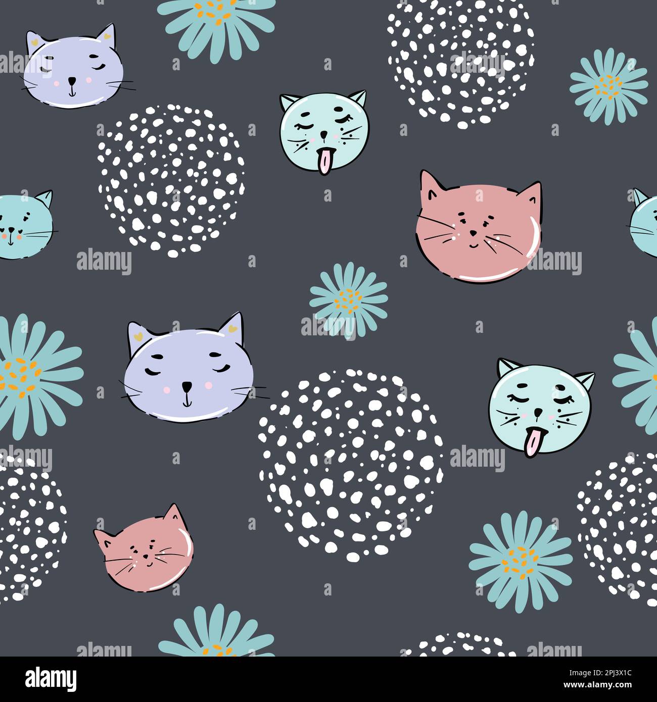 cat seamless pattern kitten paw footprint head calico vector pet scarf ...