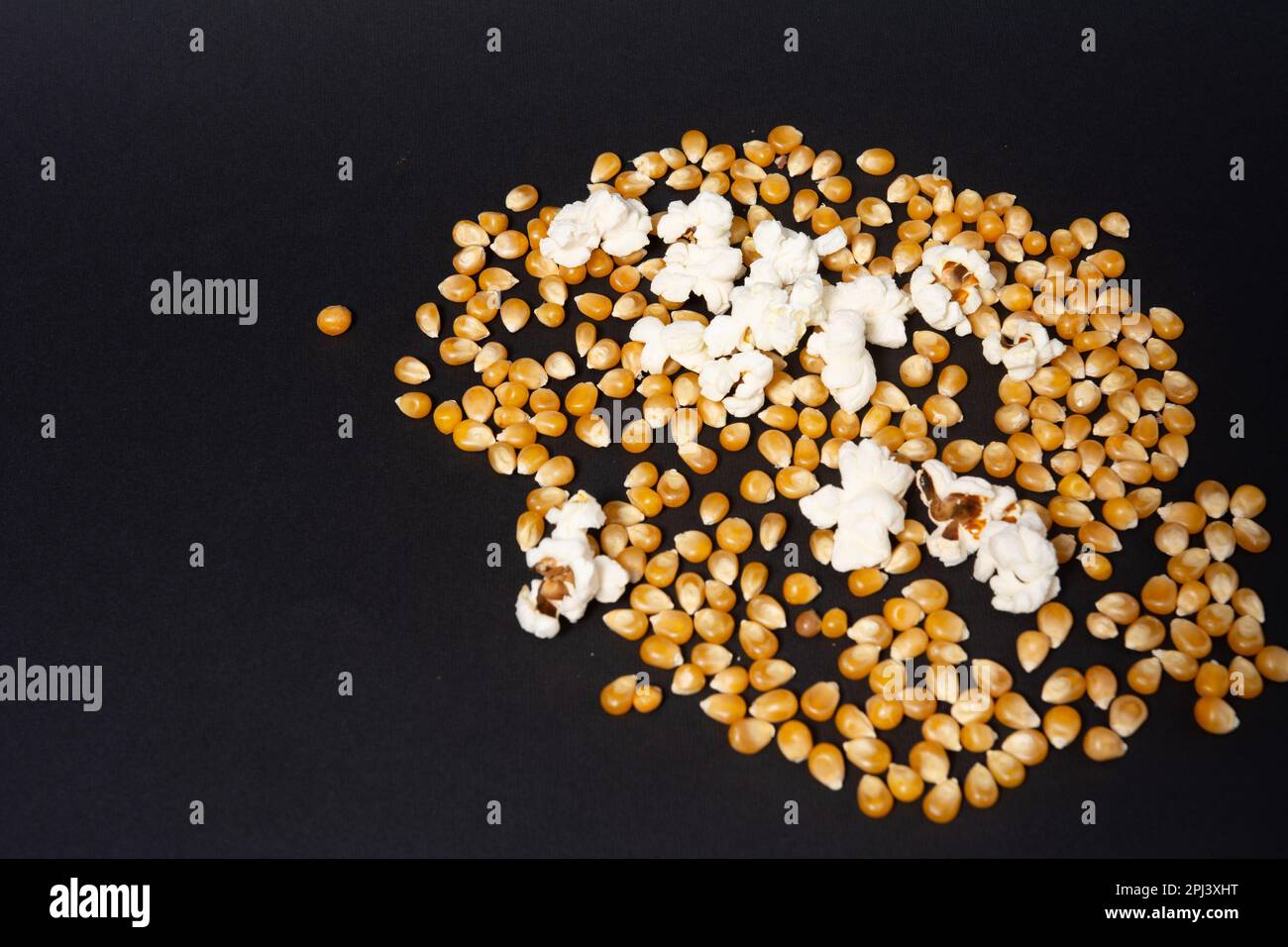 Corn kernels for making popcorn and several pieces of ready popcorn ...