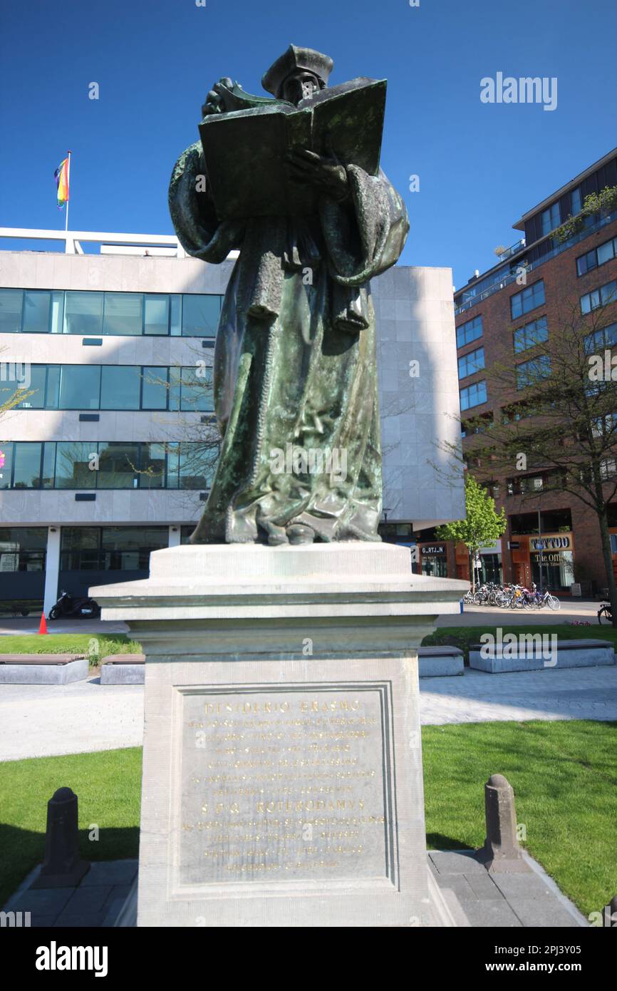 Statue of Desiderius Erasmus in Rotterdam on grotekerkplein in the city ...