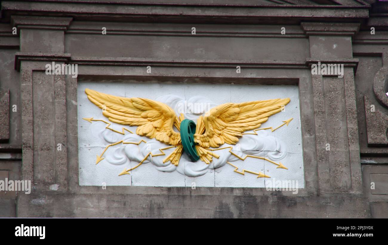 Logo of wheel with wings and lightning of the Dutch Railways NS on a ...