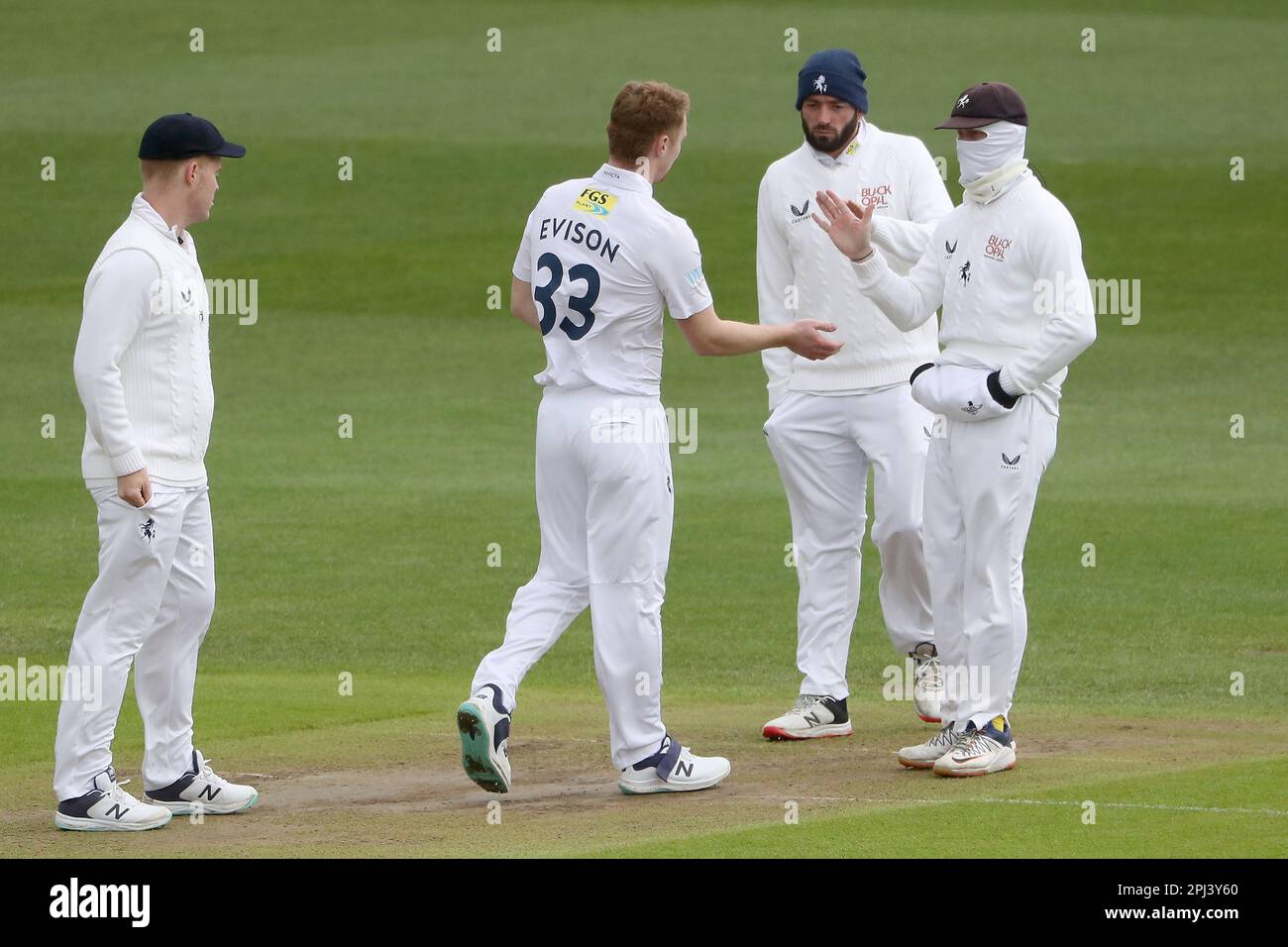 Joey Evison of Kent celebrates taking the wicket of Daniel Lawrence ...