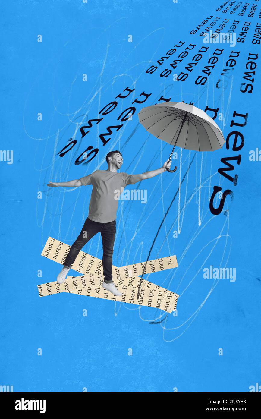 Vertical creative absurd collage 3d photo poster picture of young glad ...