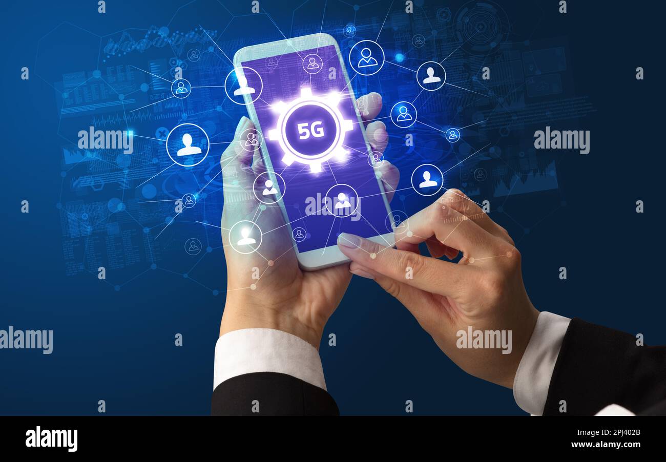 Hand using smartphone with technology concept Stock Photo - Alamy