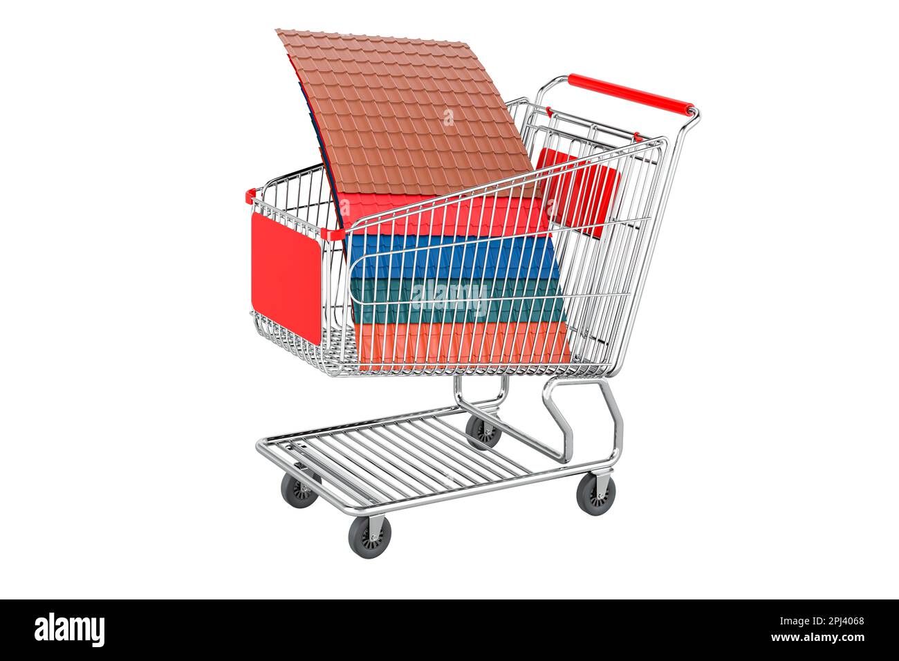 Color Metal Roof Tiles inside shopping cart, 3D rendering isolated on ...