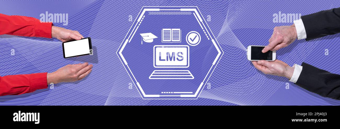Top view of hands using mobile phone with symbol of lms concept Stock ...