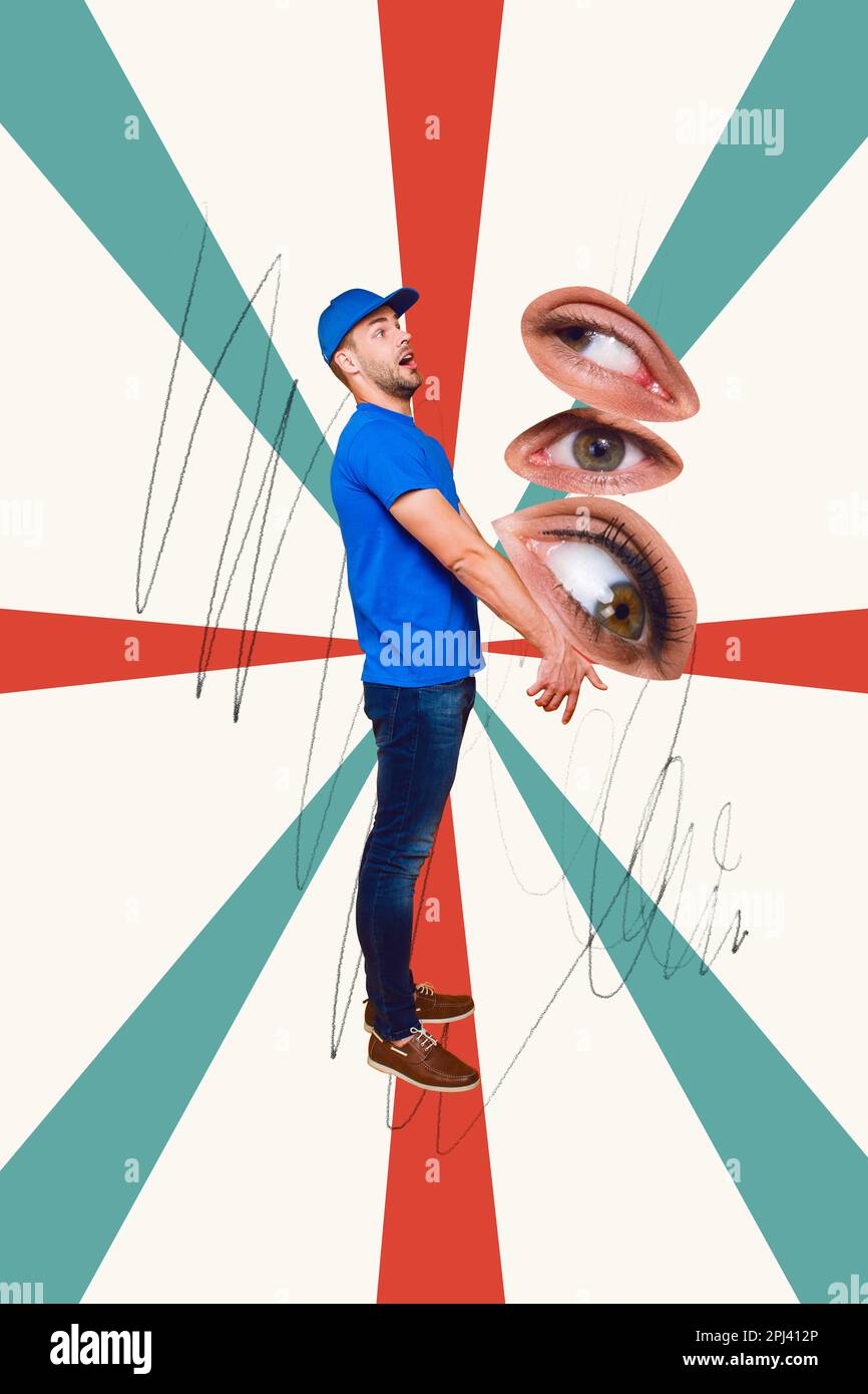 Photo collage artwork minimal picture of impressed guy delivering big ...