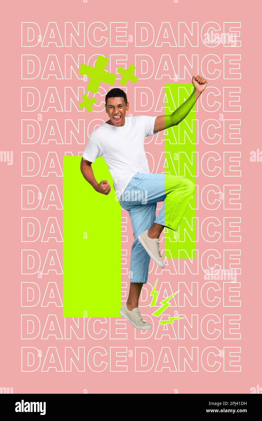 Vertical collage image of ecstatic delighted guy raise fists dance ...