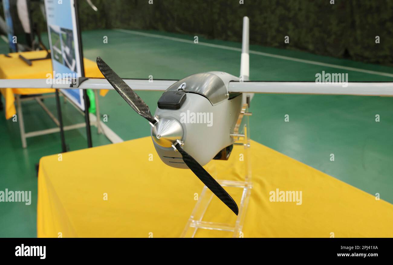 A reconnaissance UAV Cardinal 2 for military use is displayed during a ...