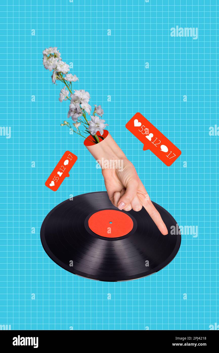 Photo collage artwork minimal picture of arm pointing finger vinyl disk ...