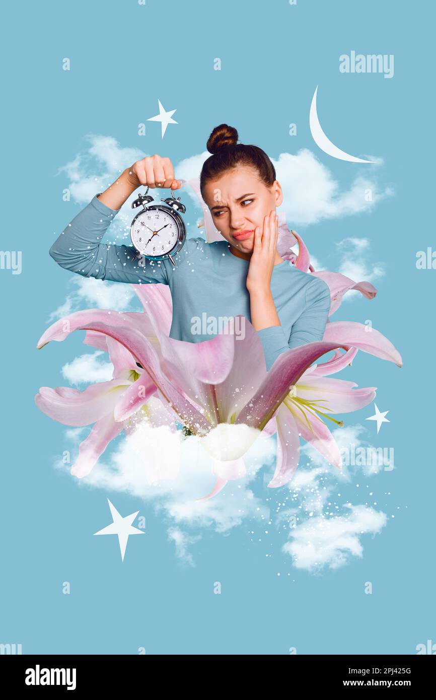 Artwork magazine collage picture of upset sad lady holding clock period ...