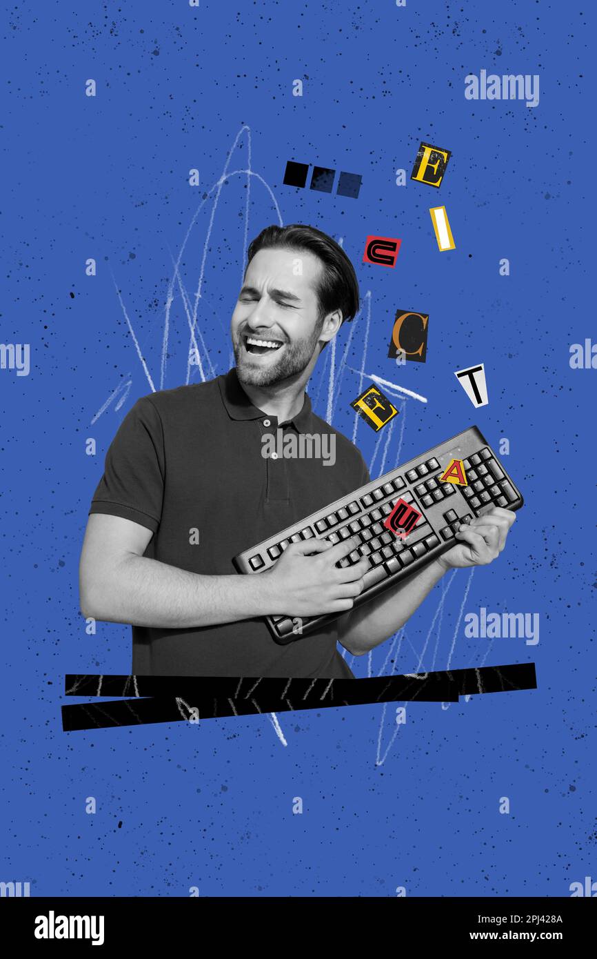 Collage artwork graphics picture of funny funky guy playing computer ...