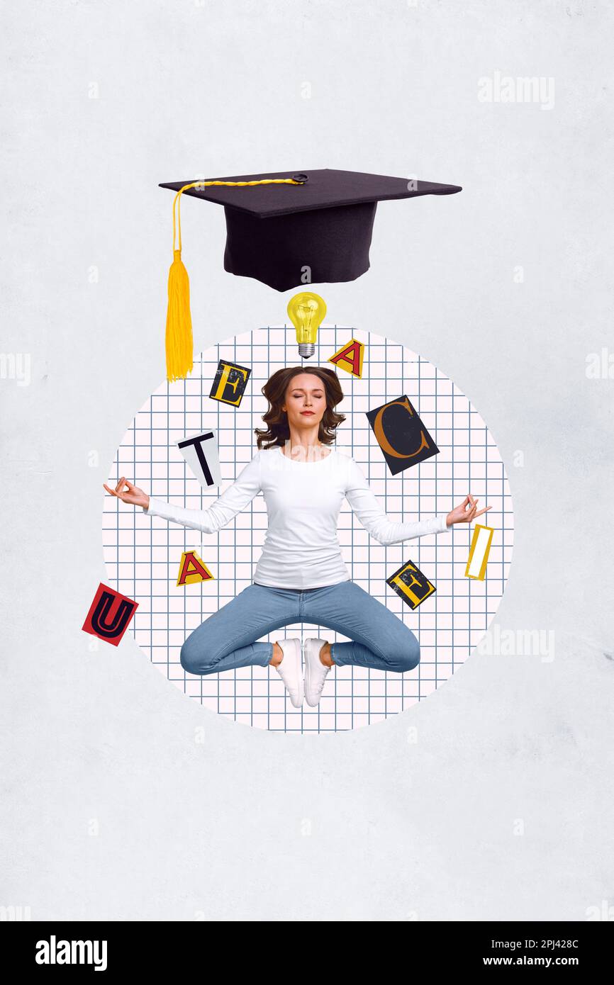 Vertical creative photo collage of focused concentrated student sit in ...