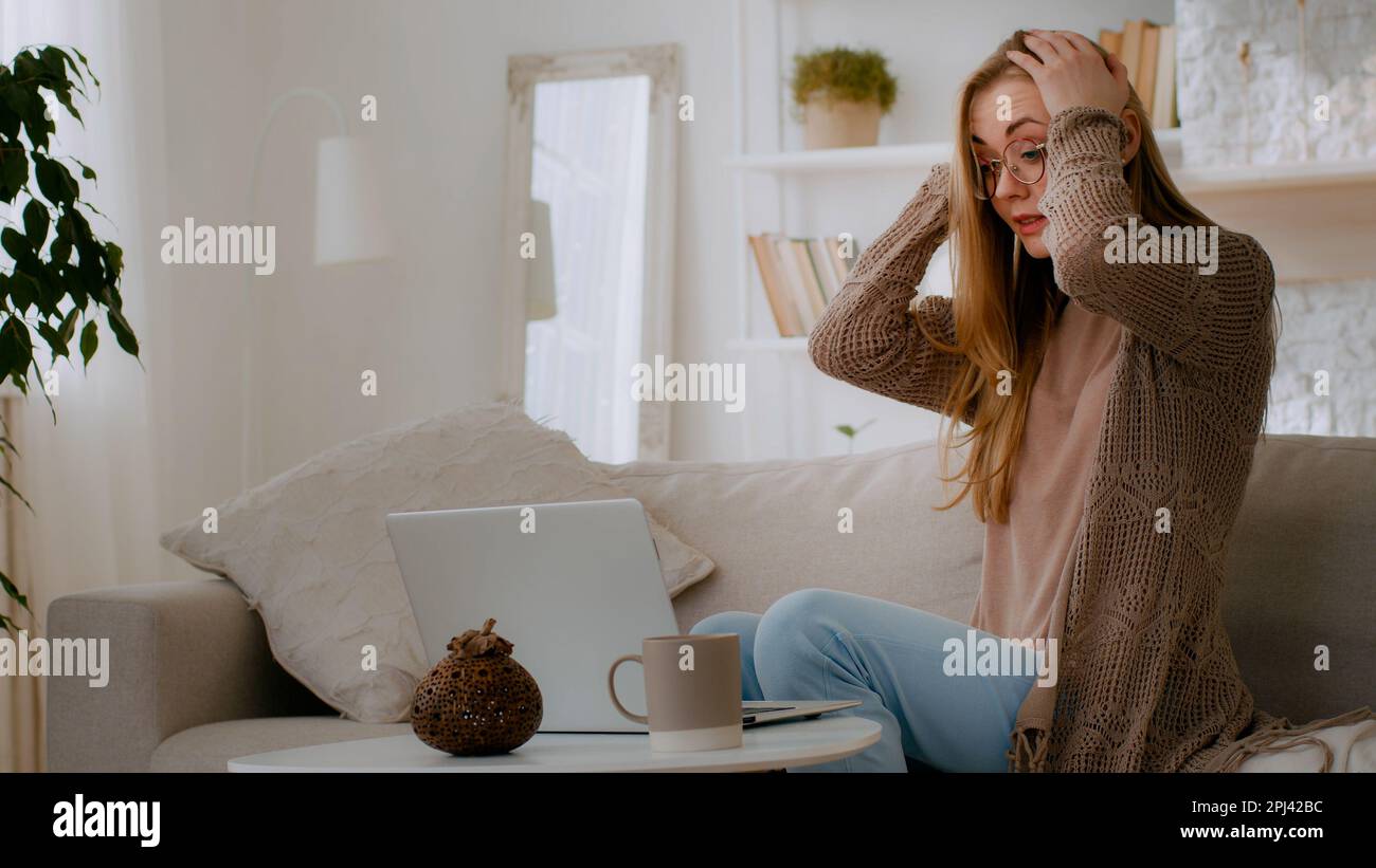 Caucasian upset woman user customer lady girl in glasses businesswoman ...