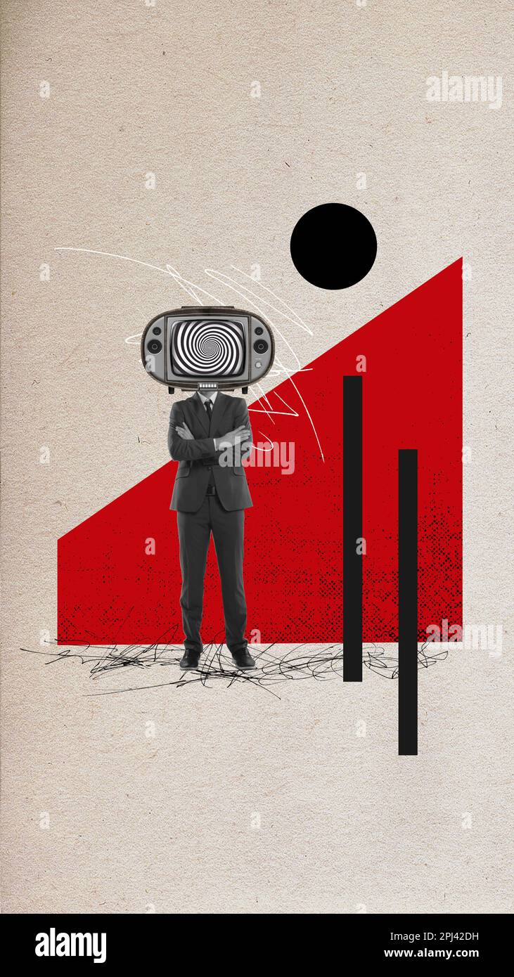 Mass media manipulation. Man in formal wear hat with retro TV. News ...