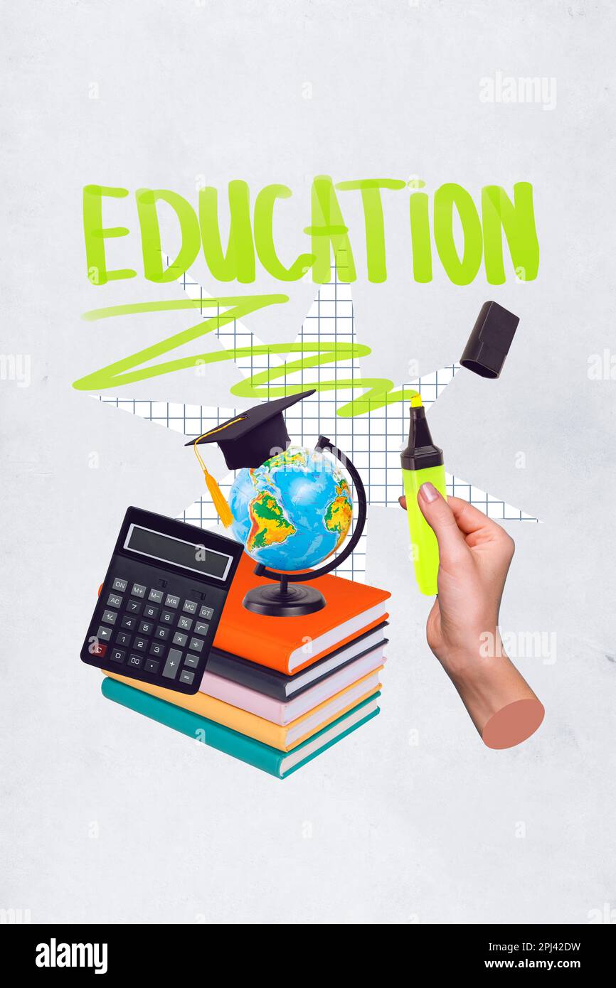 Vertical creative photo collage of human arm hold marker study doing ...