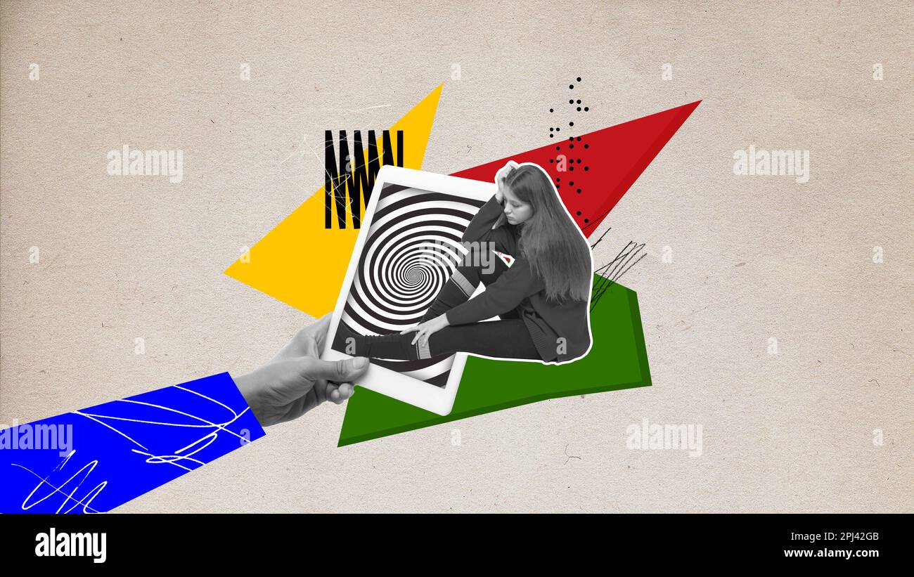 Mass media addiction and social media influence. Young sad girl sitting ...