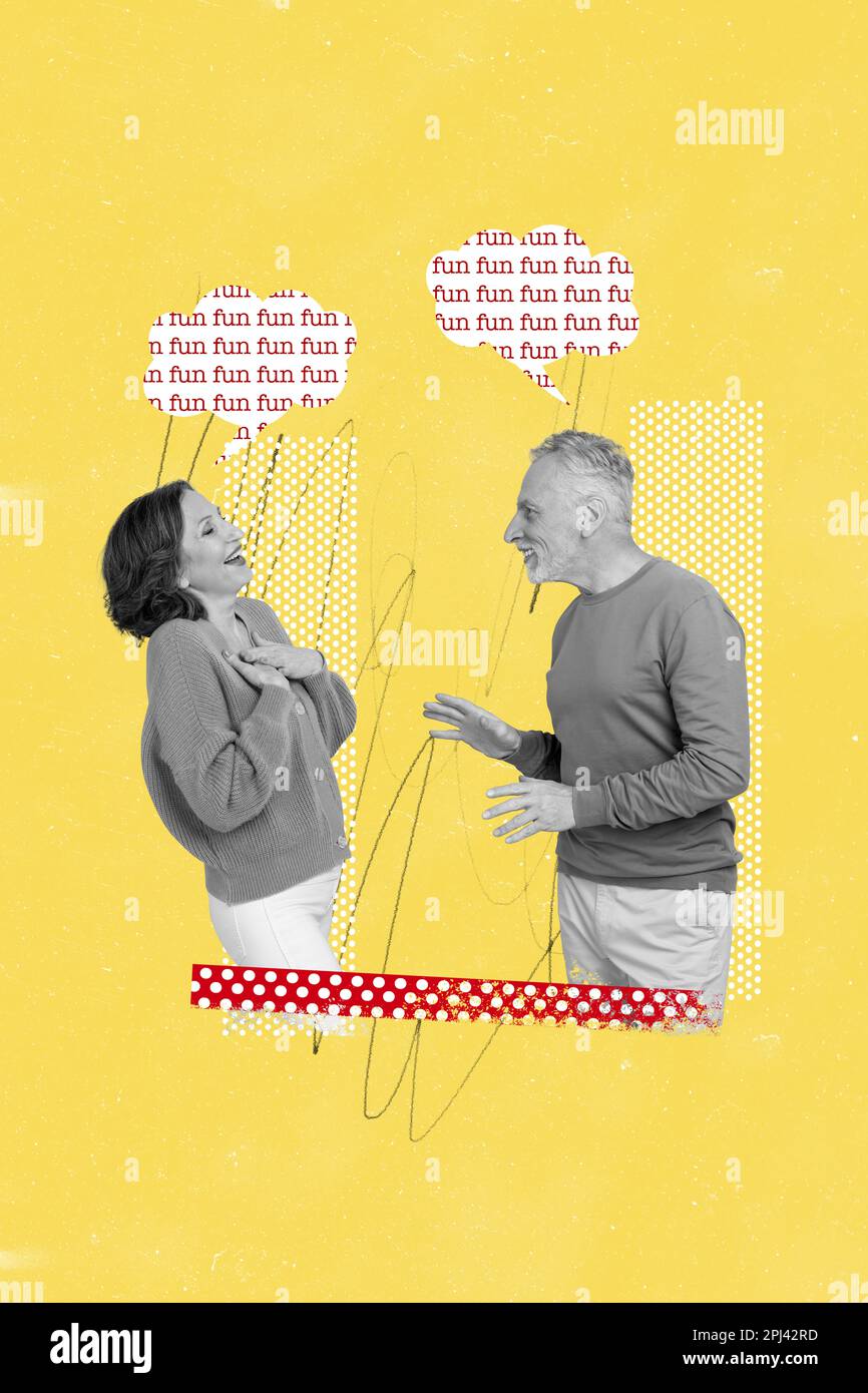 Vertical collage image of two aged black white colors people talk ...