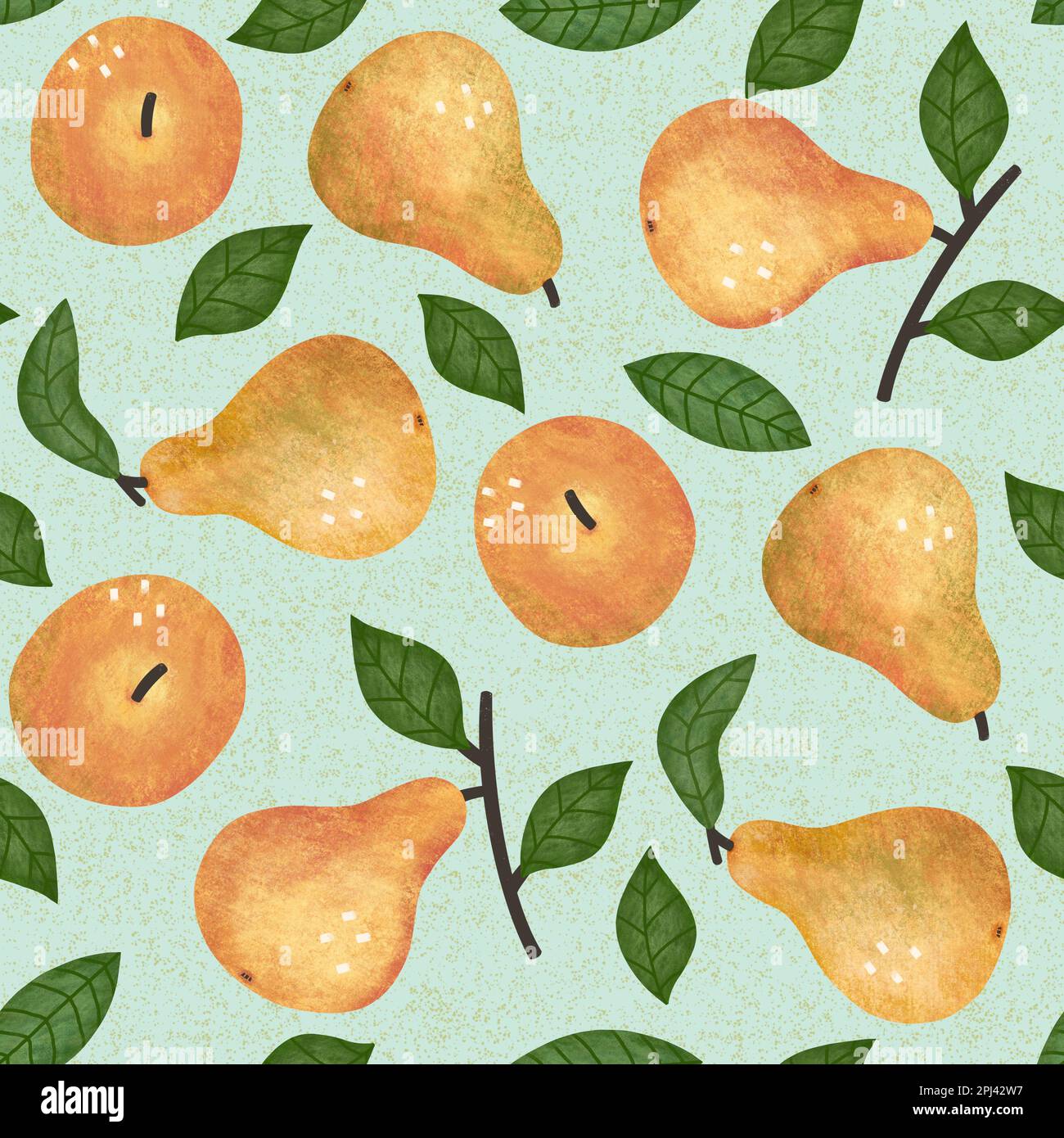 Hand drawn textured pears seamless pattern. Pear fruits and leaves ...