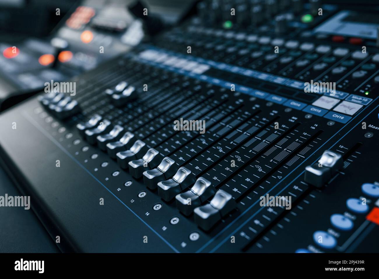 Close up view of radio mixing desk with professional sound equipment ...