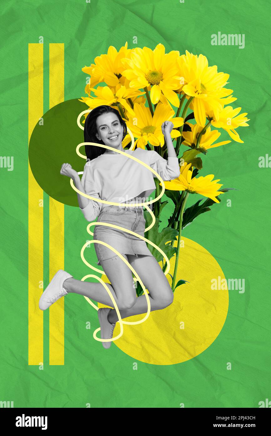 Vertical collage image of excited black white effect girl jumping raise ...