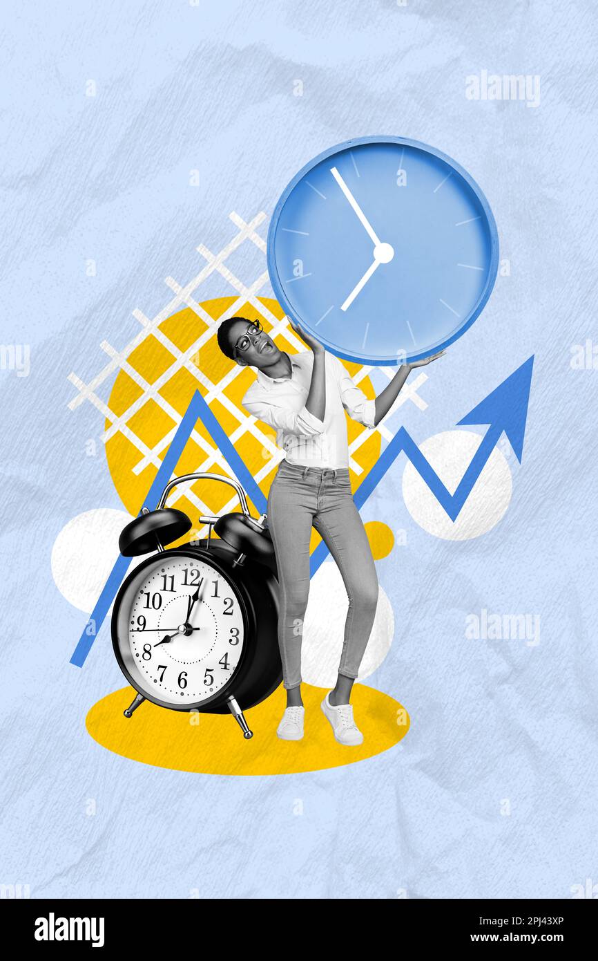 Vertical collage picture of mini astonished person hold big wall watch ...