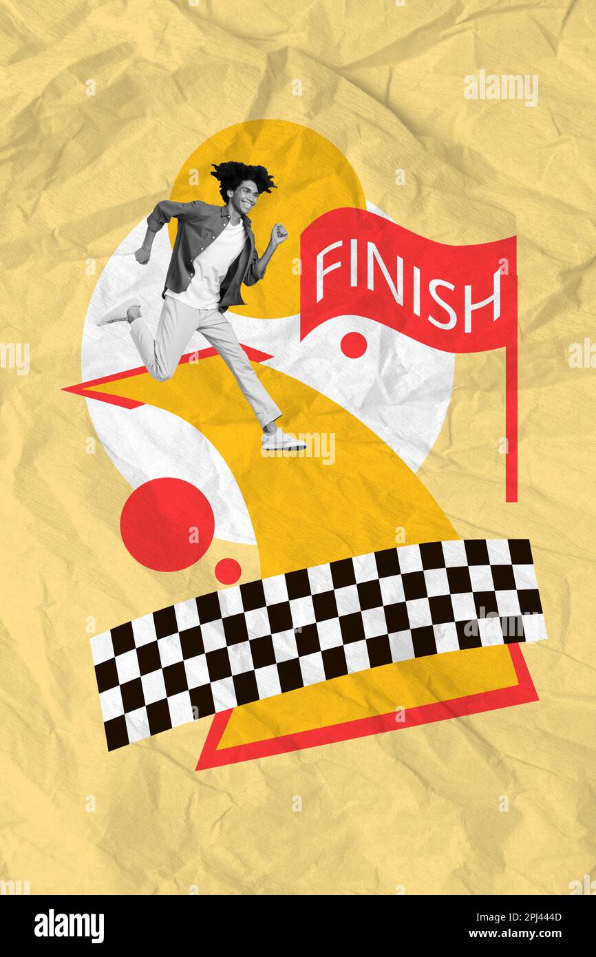 Creative painting picture pop collage of young man run fast achieve ...