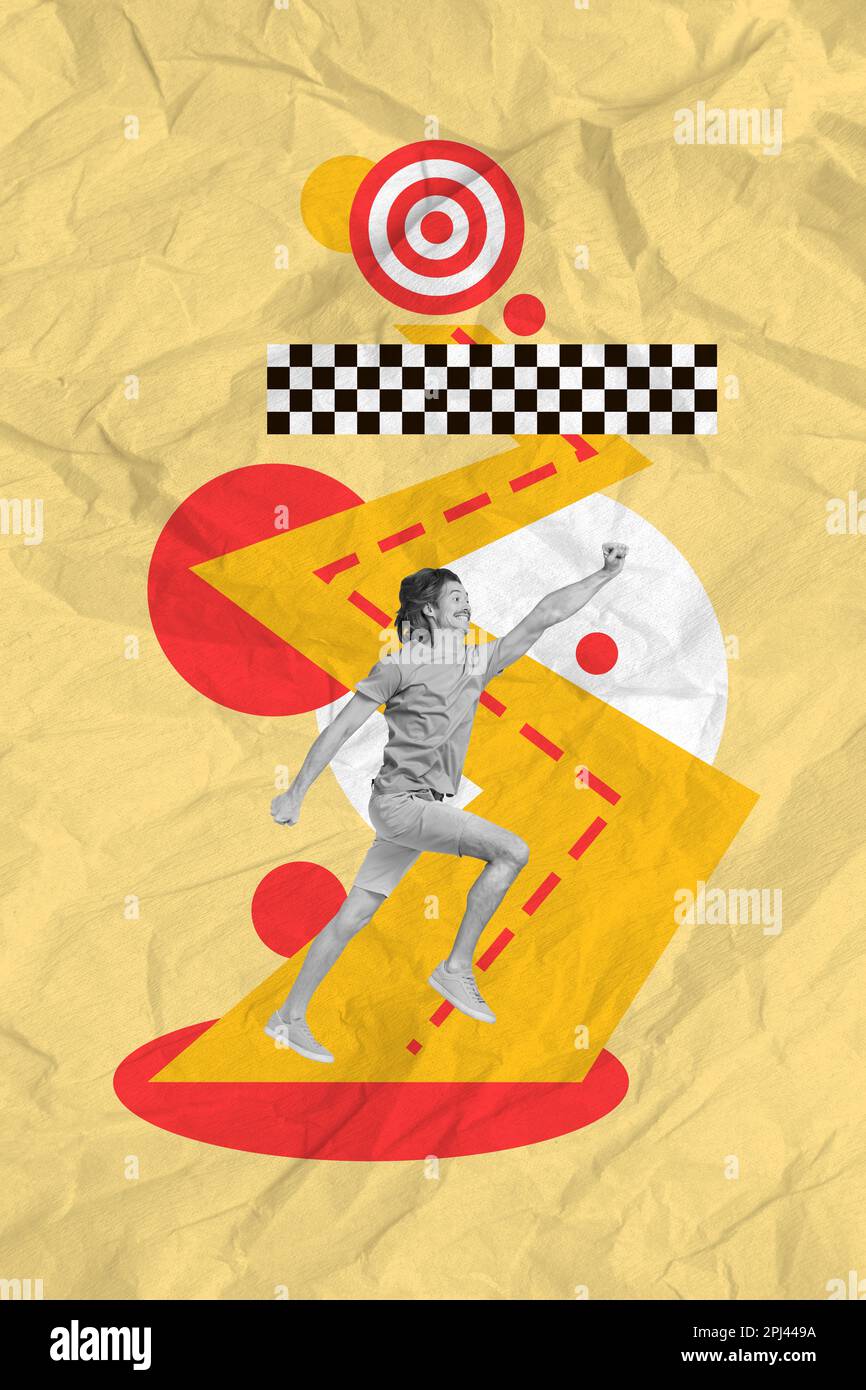 Creative poster banner collage of determination young guy run fast path ...