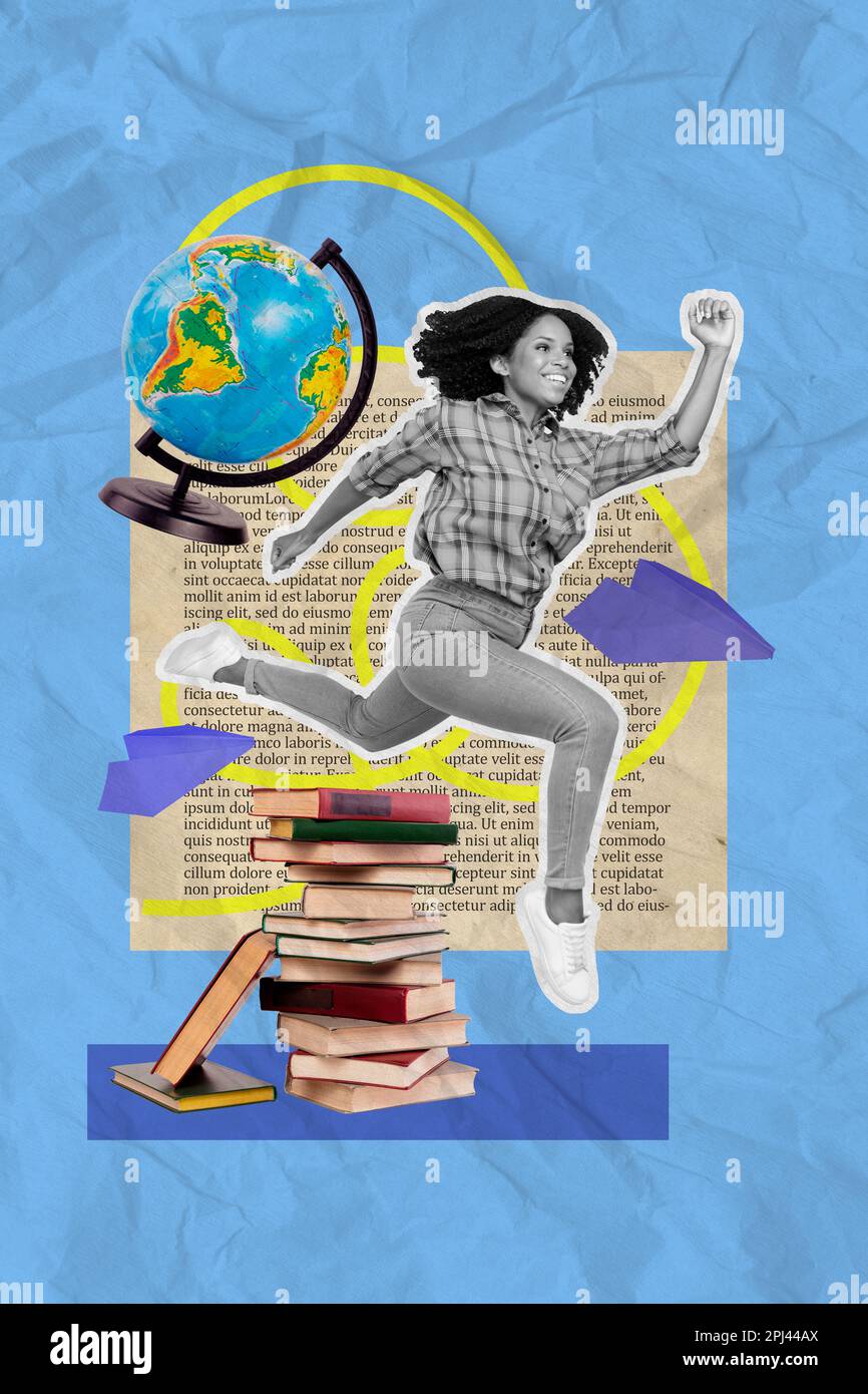 Drawing magazine template collage of active lady runner learner hurry ...