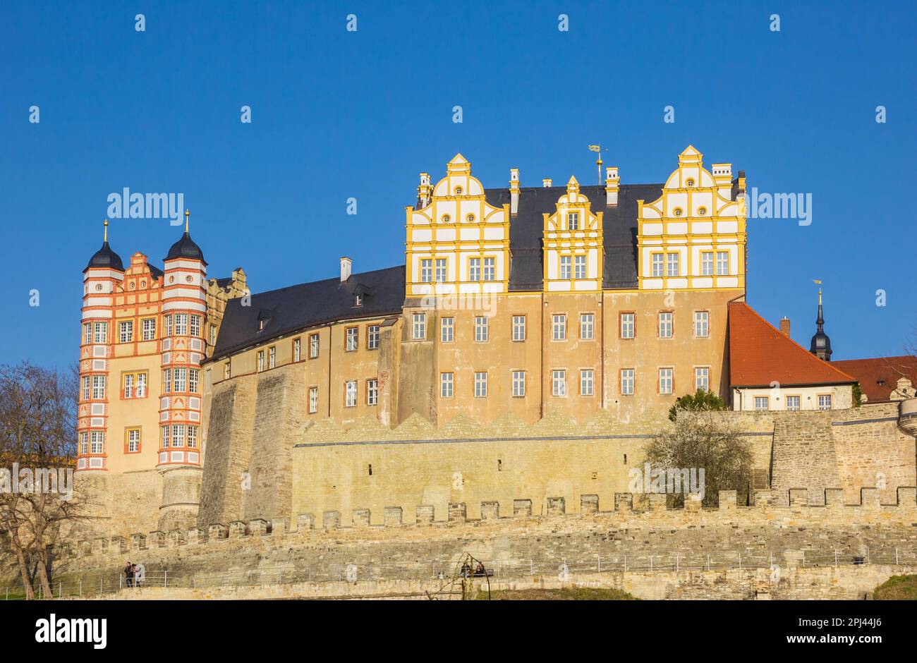 Facade and surrounding wall of the castle in Bernburg, Germany Stock ...