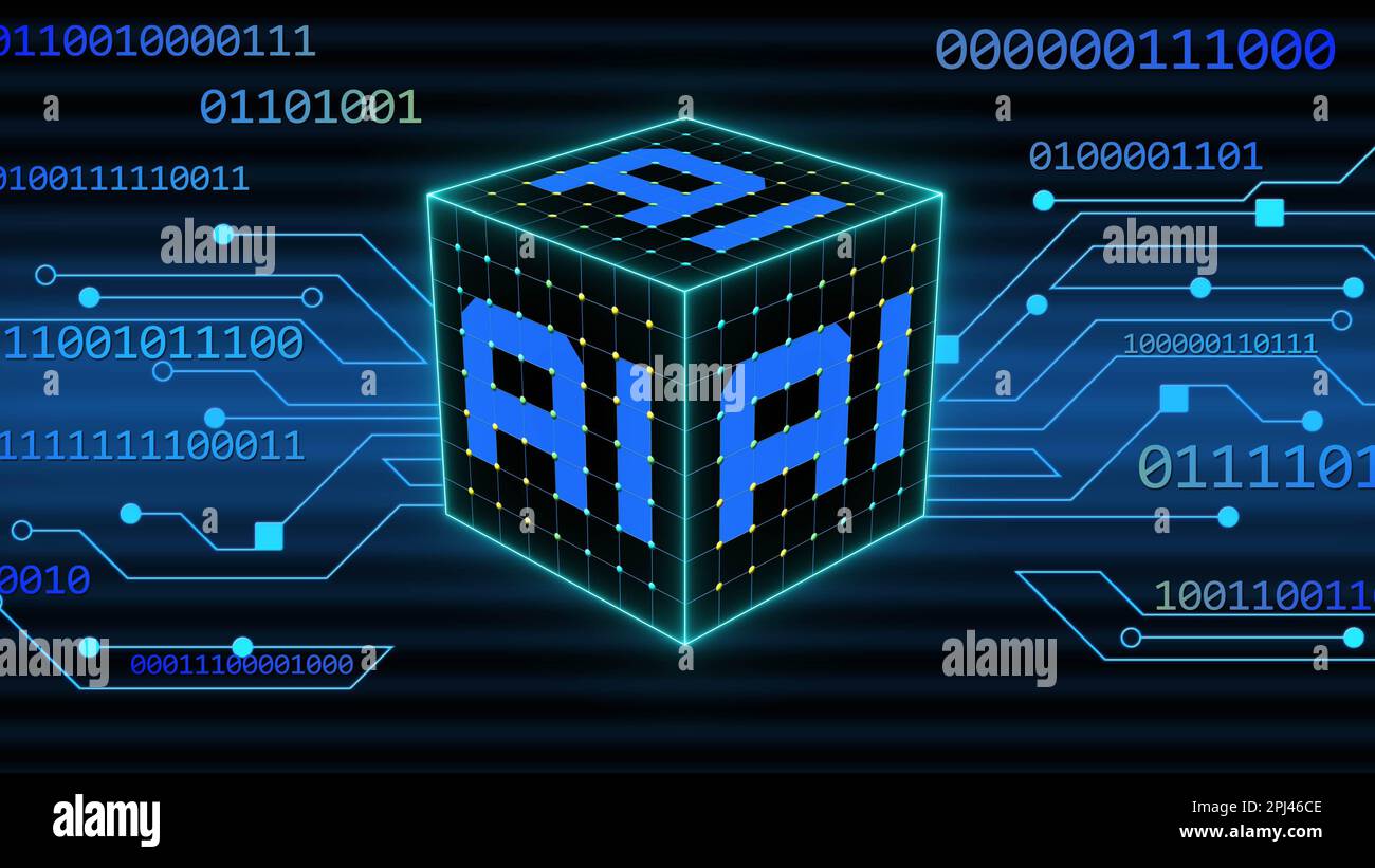 Concept of Visualization of Artificial Intelligence - AI letters in the Cube on binary code ...