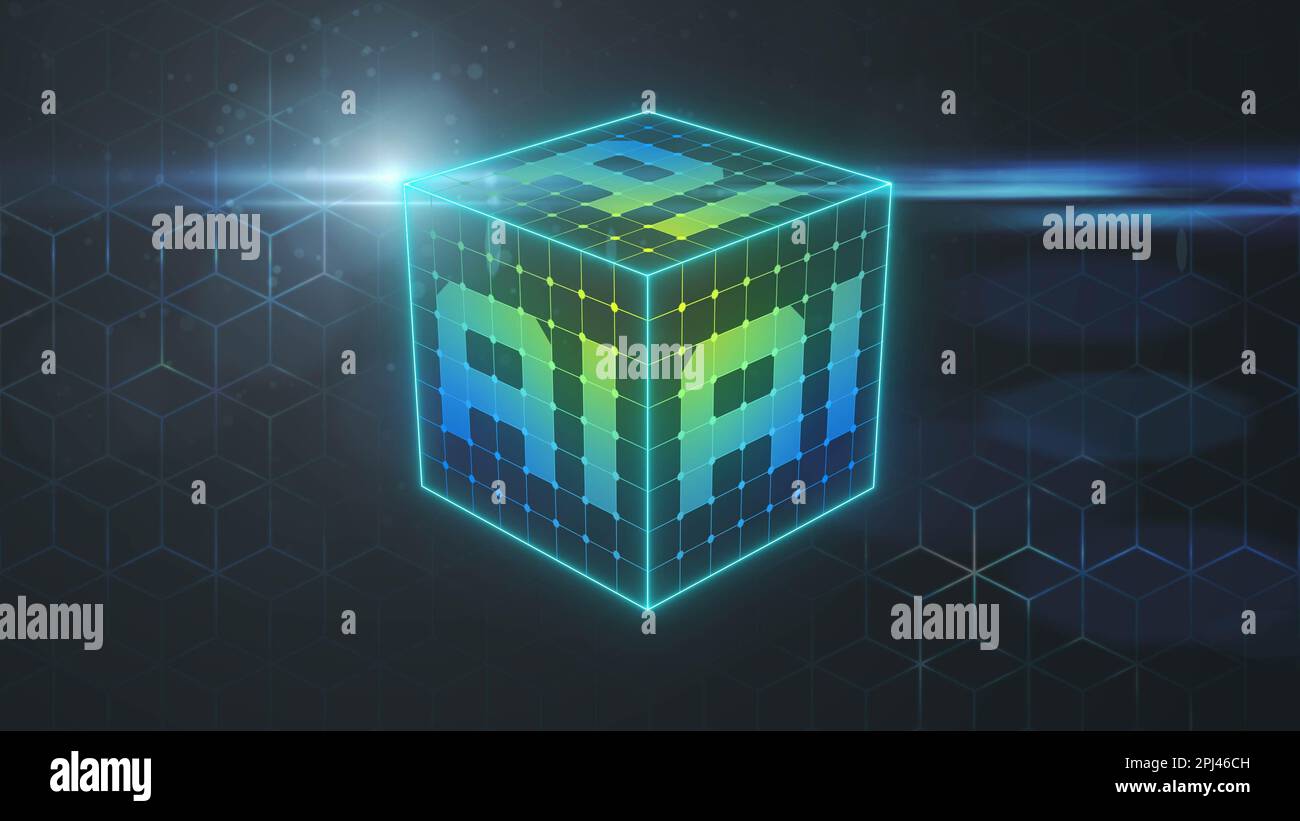 Cube with inscription AI - Concept of Visualization of Artificial Intelligence on blue cube ...