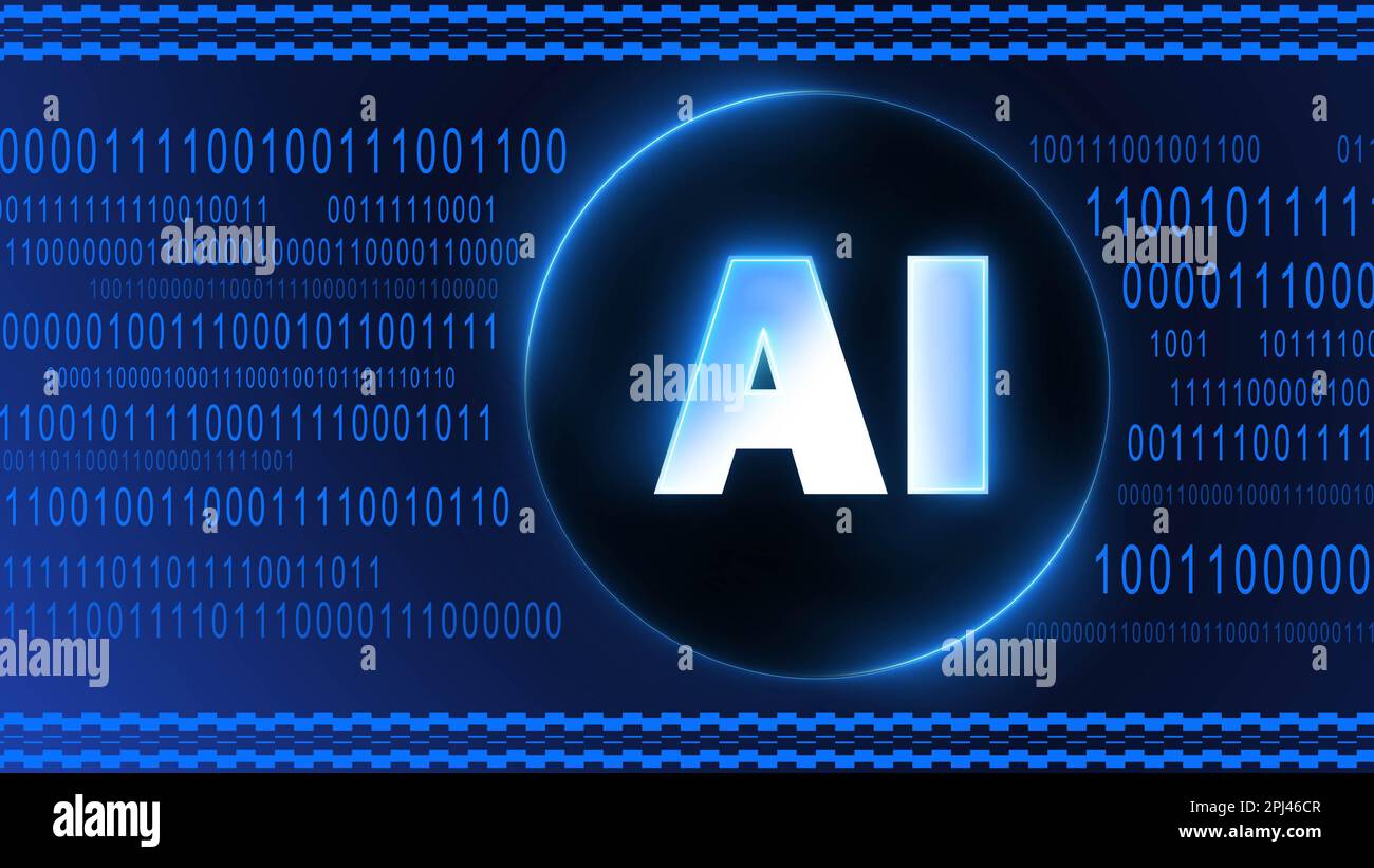 AI letters centered in a ring - binary code on blue digital background ...