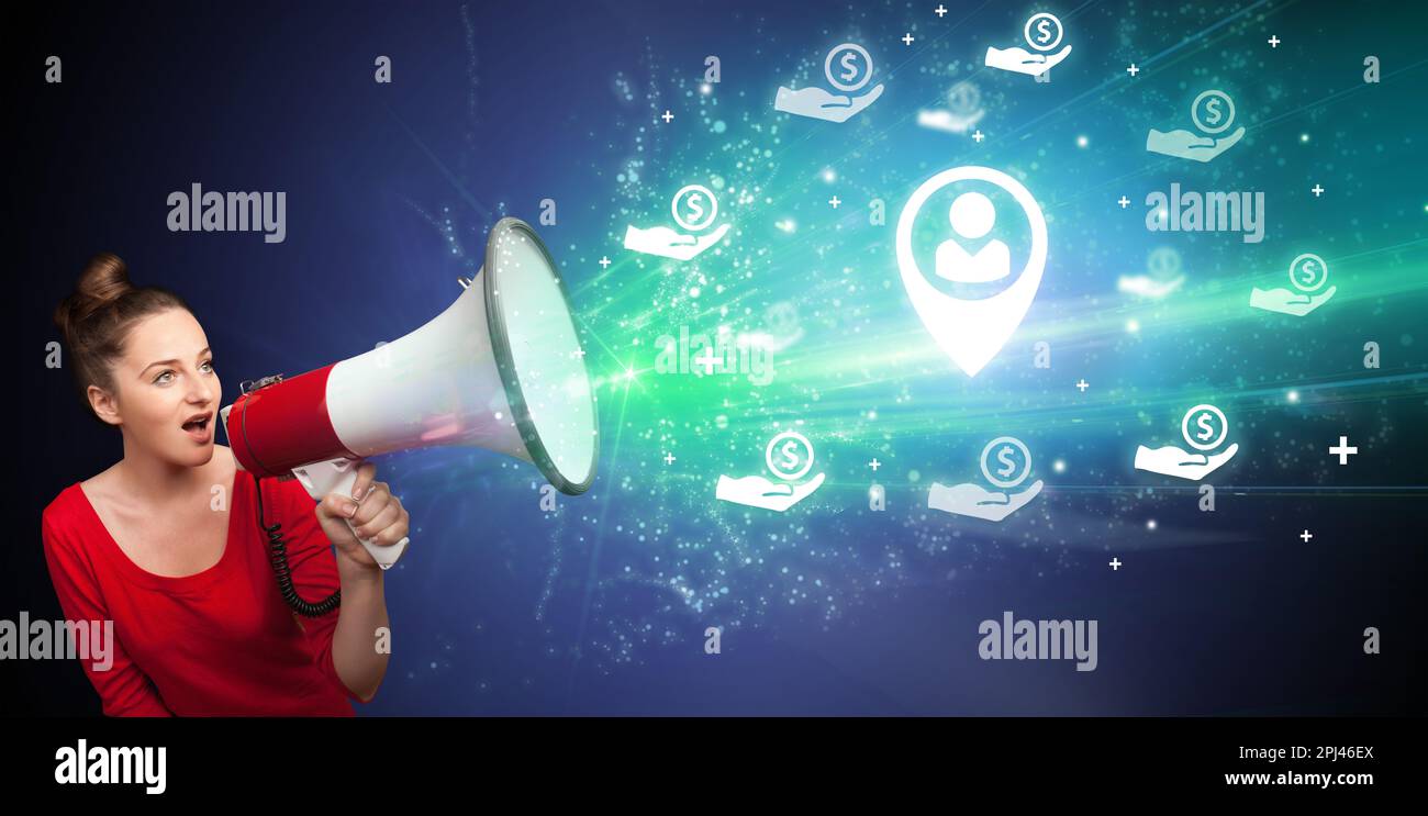 Young person with megaphone and business icon Stock Photo - Alamy