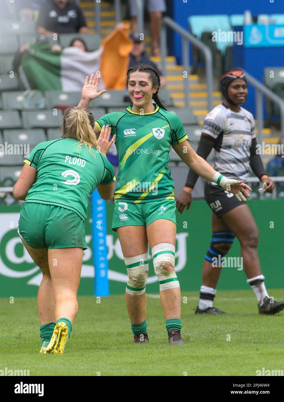 Hong Kong, China. 31st Mar, 2023. Irelands Stacey Flood scores a try in ...