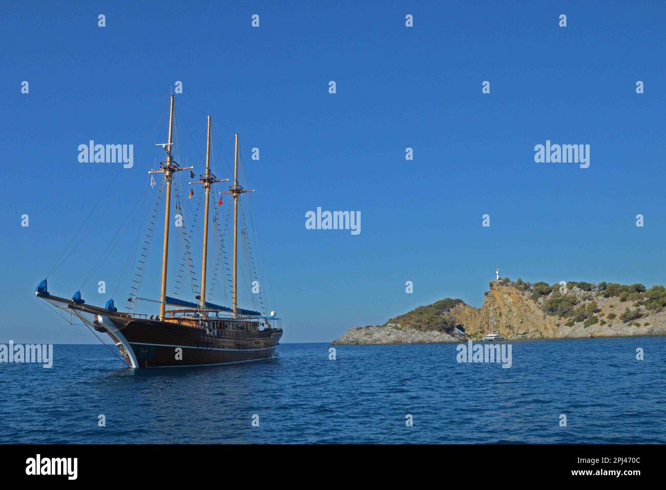 Turkey, Lycia: Turkish sailing ship Bahriyeli C at anchor close to the ...