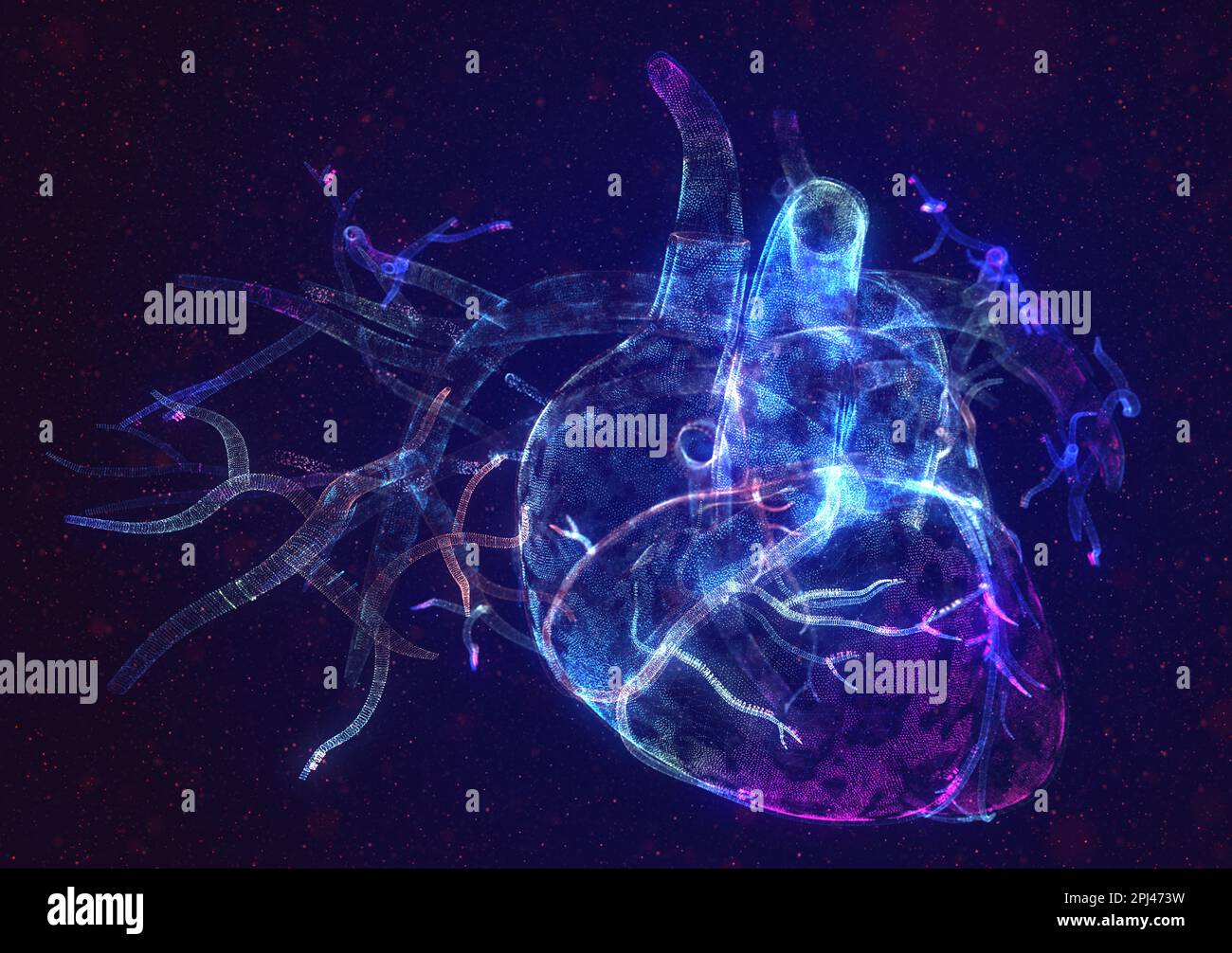 Glowing human heart made of neon particles. Bright magic heart health ...