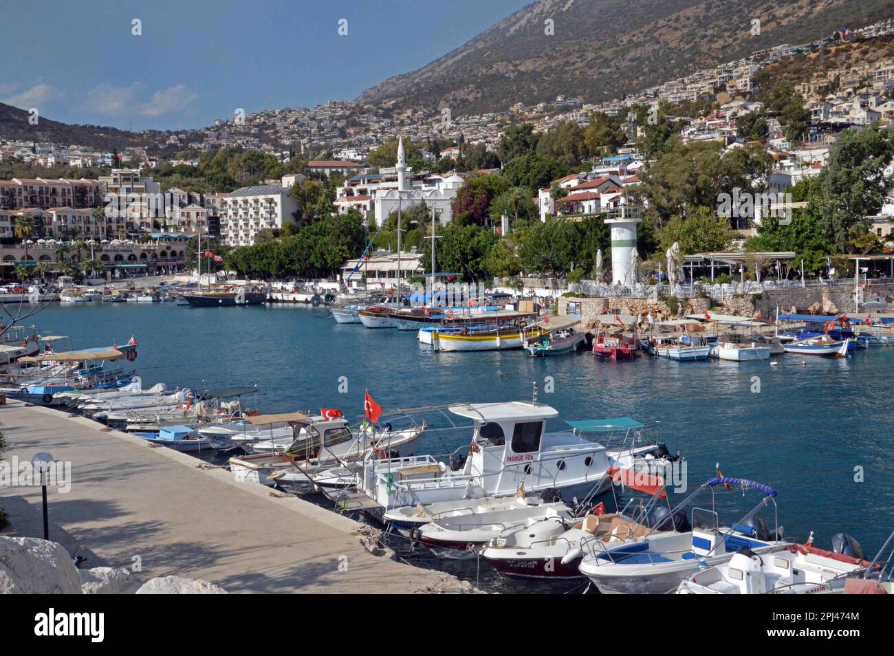 Turkey, Antalya, Lycia, Kalkan: view of the small harbour and ...