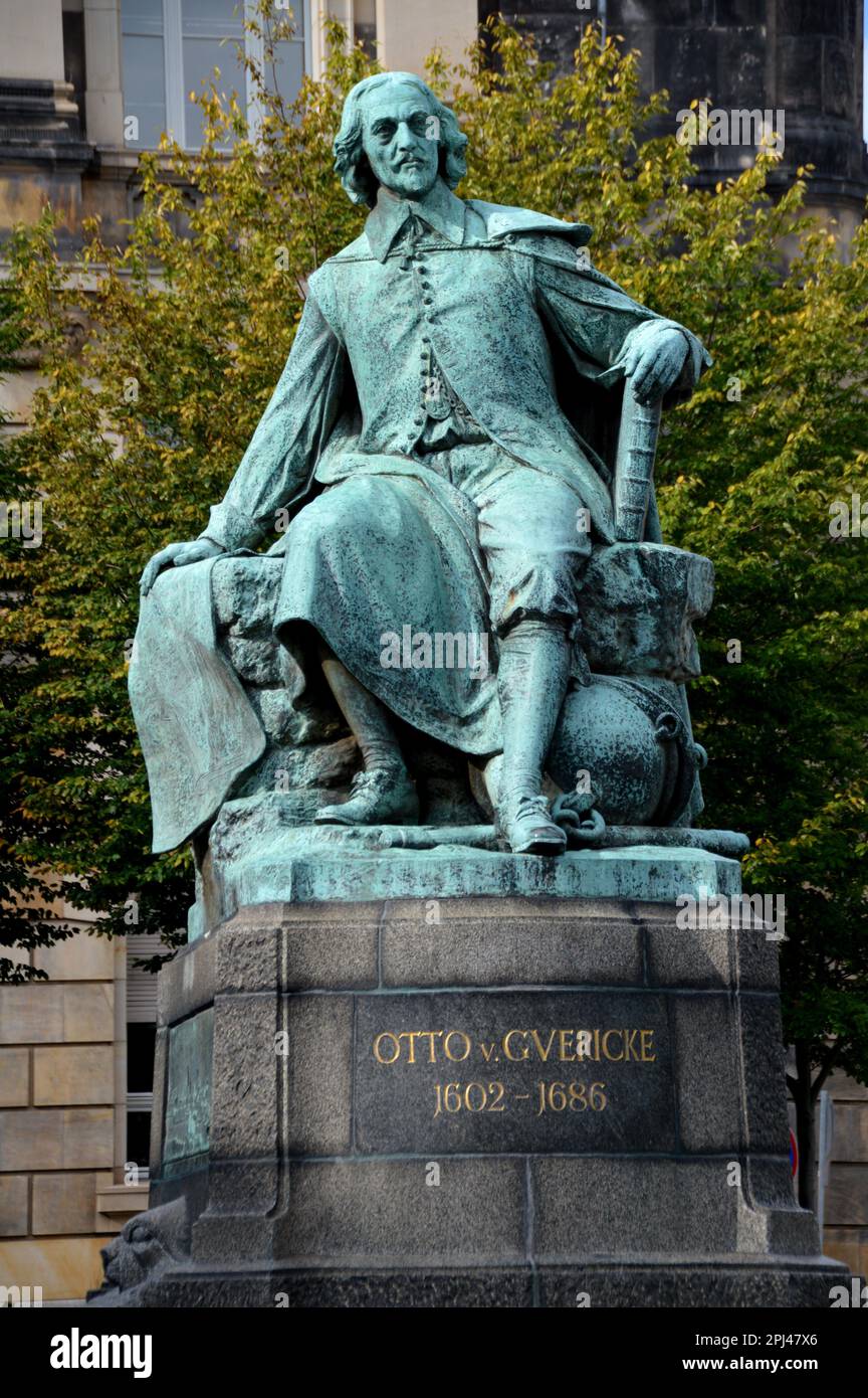Germany, Saxony-Anhalt, Magdeburg: bronze statue of Otto von Guericke (1802-86), scientist ...
