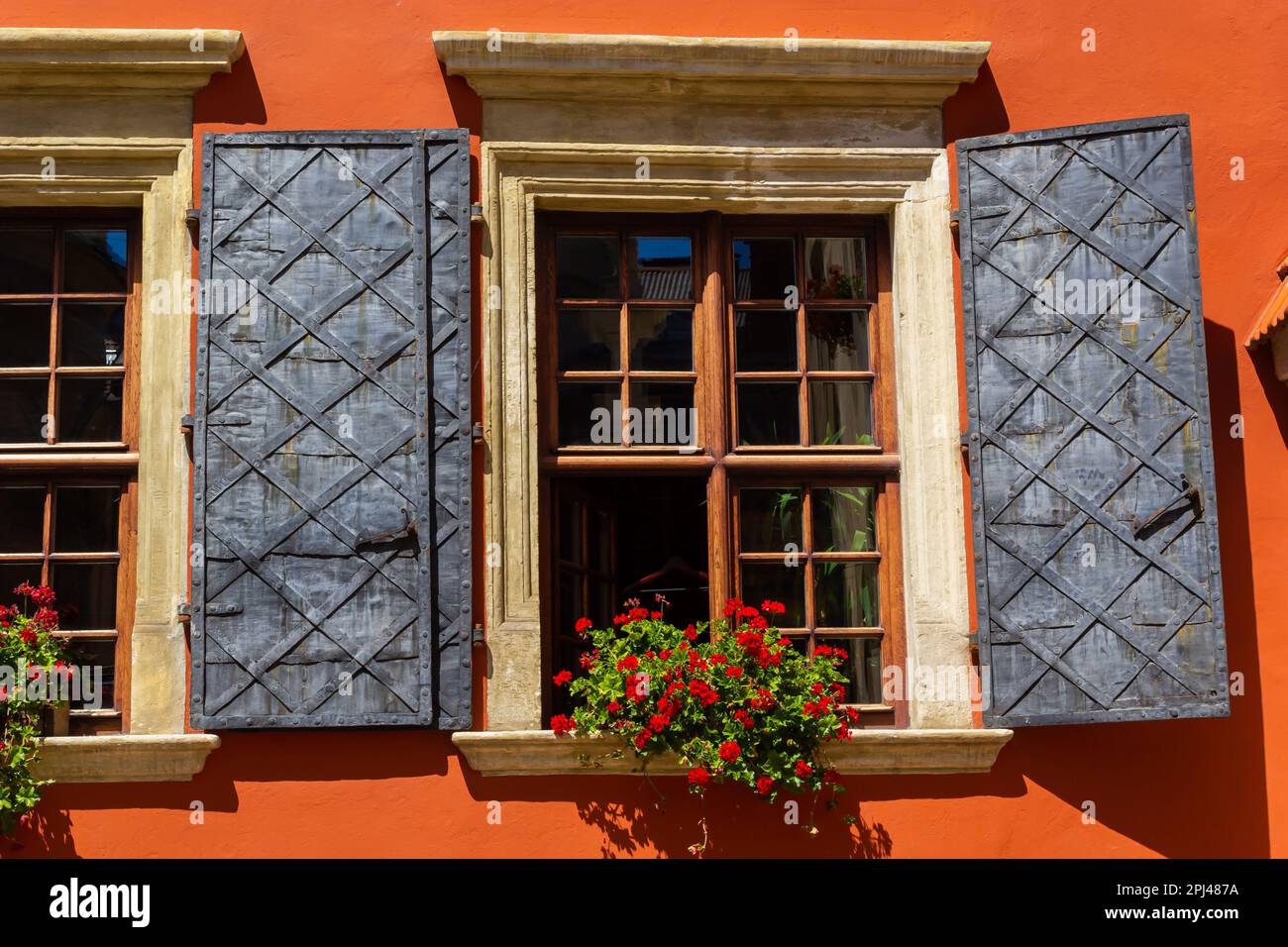 Facade of antique historical building. Windows with flowers. Lviv ...