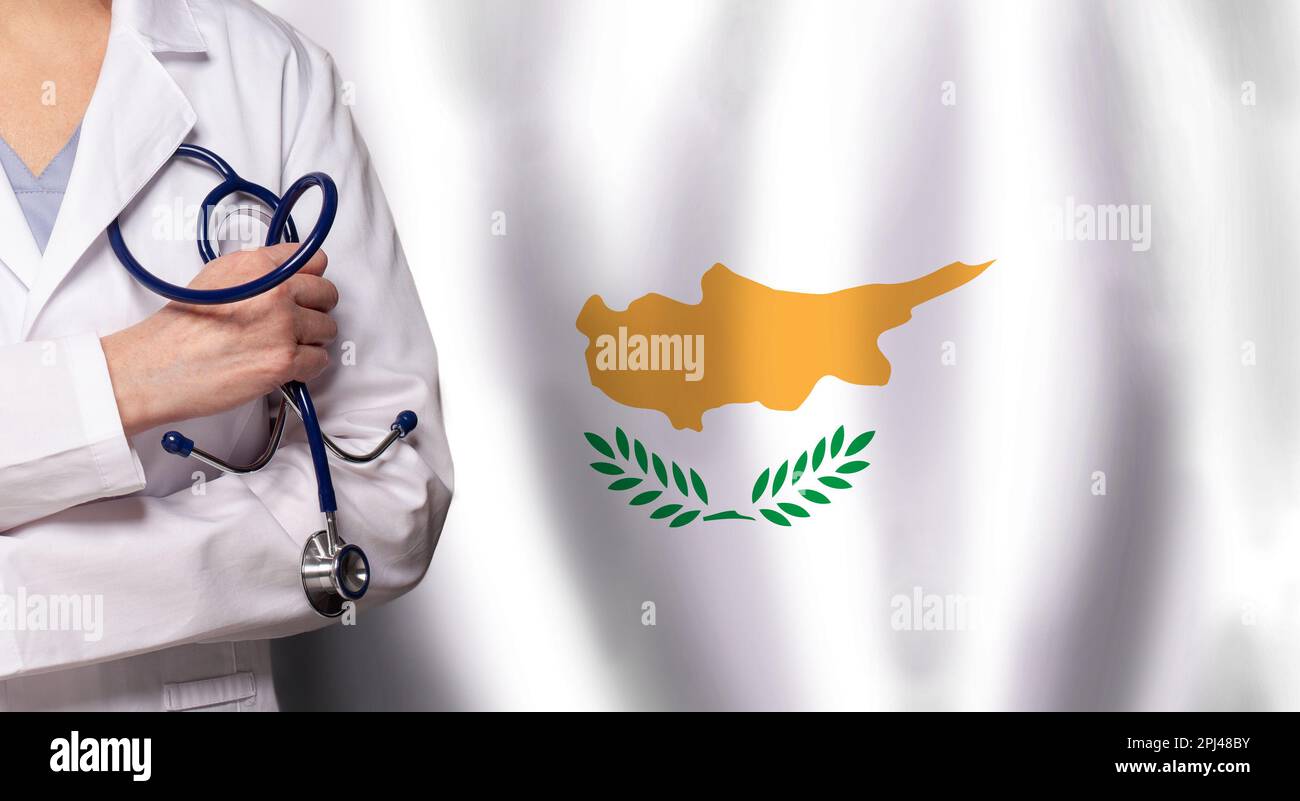 Cyprus medicine and healthcare concept. Doctor close up against flag of ...